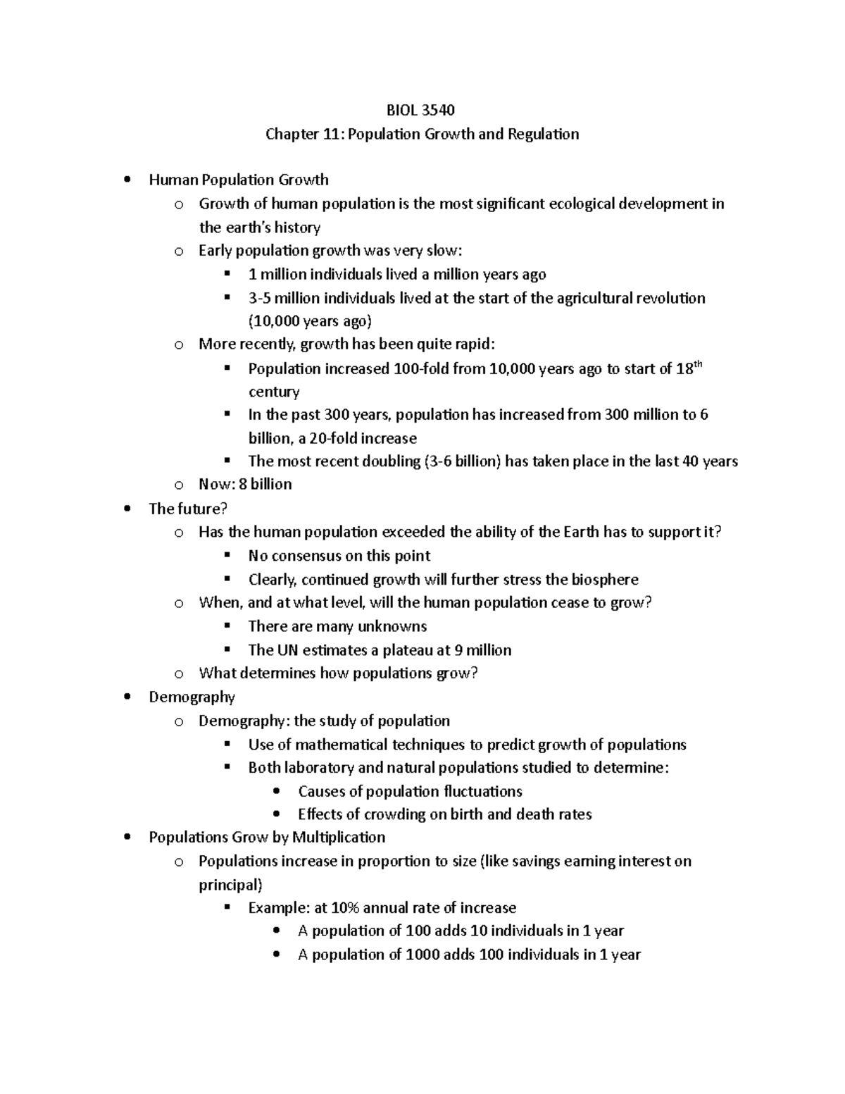 Chapter 11 Notes - BIOL 3540 Chapter 11: Population Growth and ...