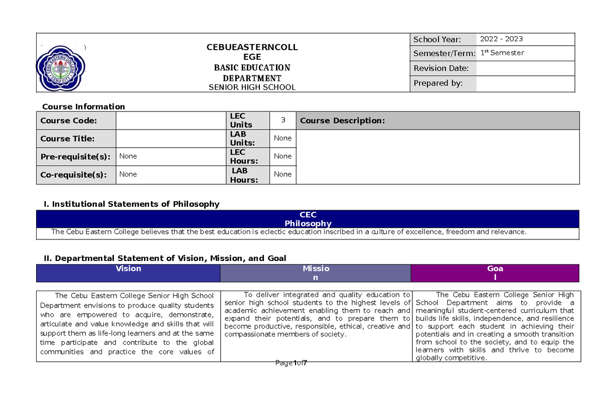 Syllabus - CEBUEASTERNCOLL EGE BASIC EDUCATION DEPARTMENT SENIOR HIGH SCHOOL School Year: 2022 ...