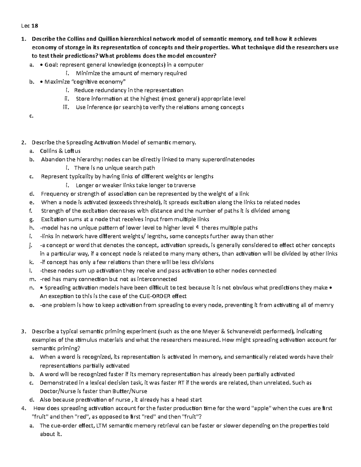 Cog test 3 - Lecture notes 18-24 - Lec 18 1. Describe the Collins and ...