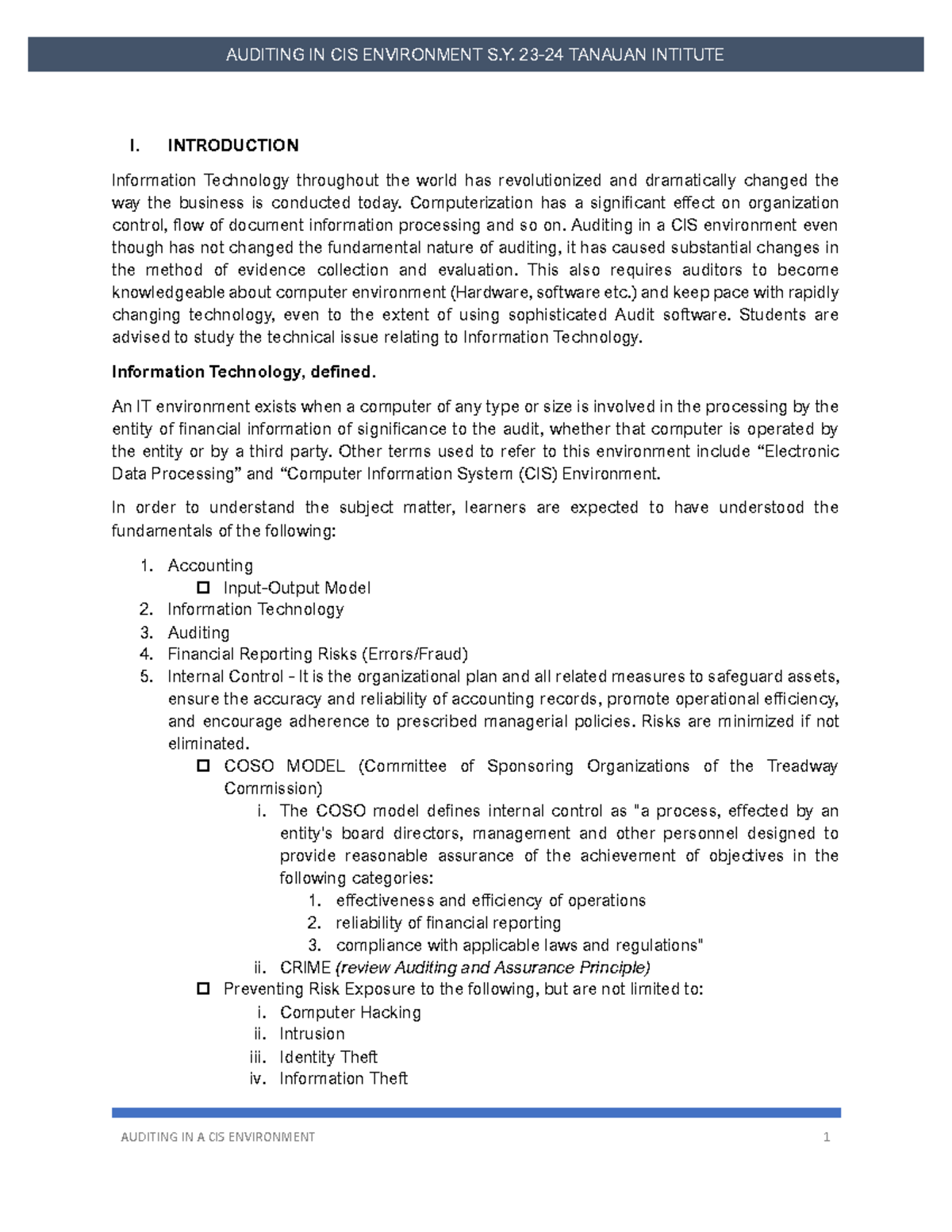 Introduction to CIS Environment Audit - I. INTRODUCTION Information ...