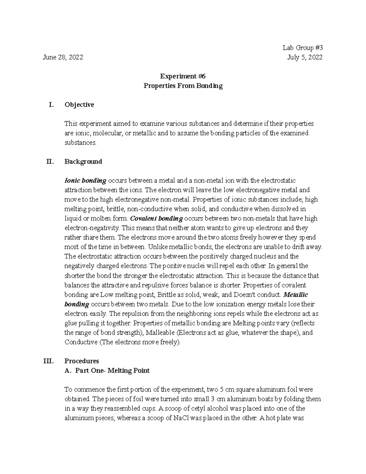 Properties From Bonding Lab - Lab Group # June 28, 2022 July 5, 2022 ...