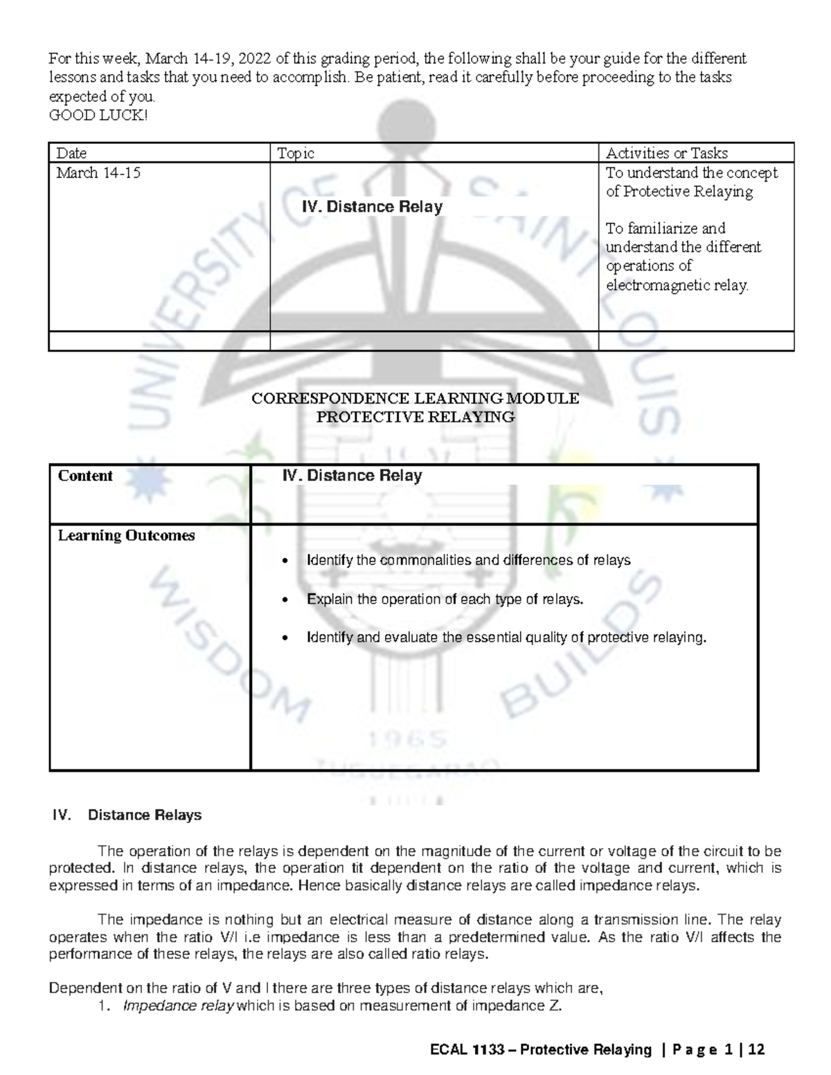 EE- Module-Elective 1 Protective Relaying week 9(LMS) - For this week ...