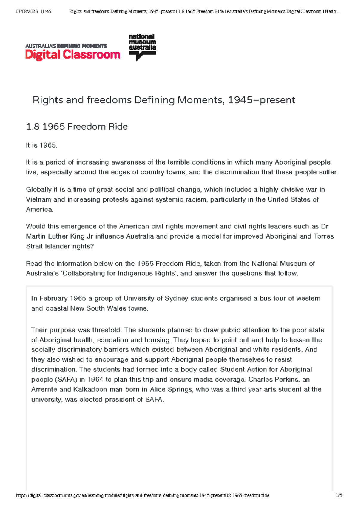 Rights and freedoms Defining Moments, 1945–present 1.8 1965 Freedom ...