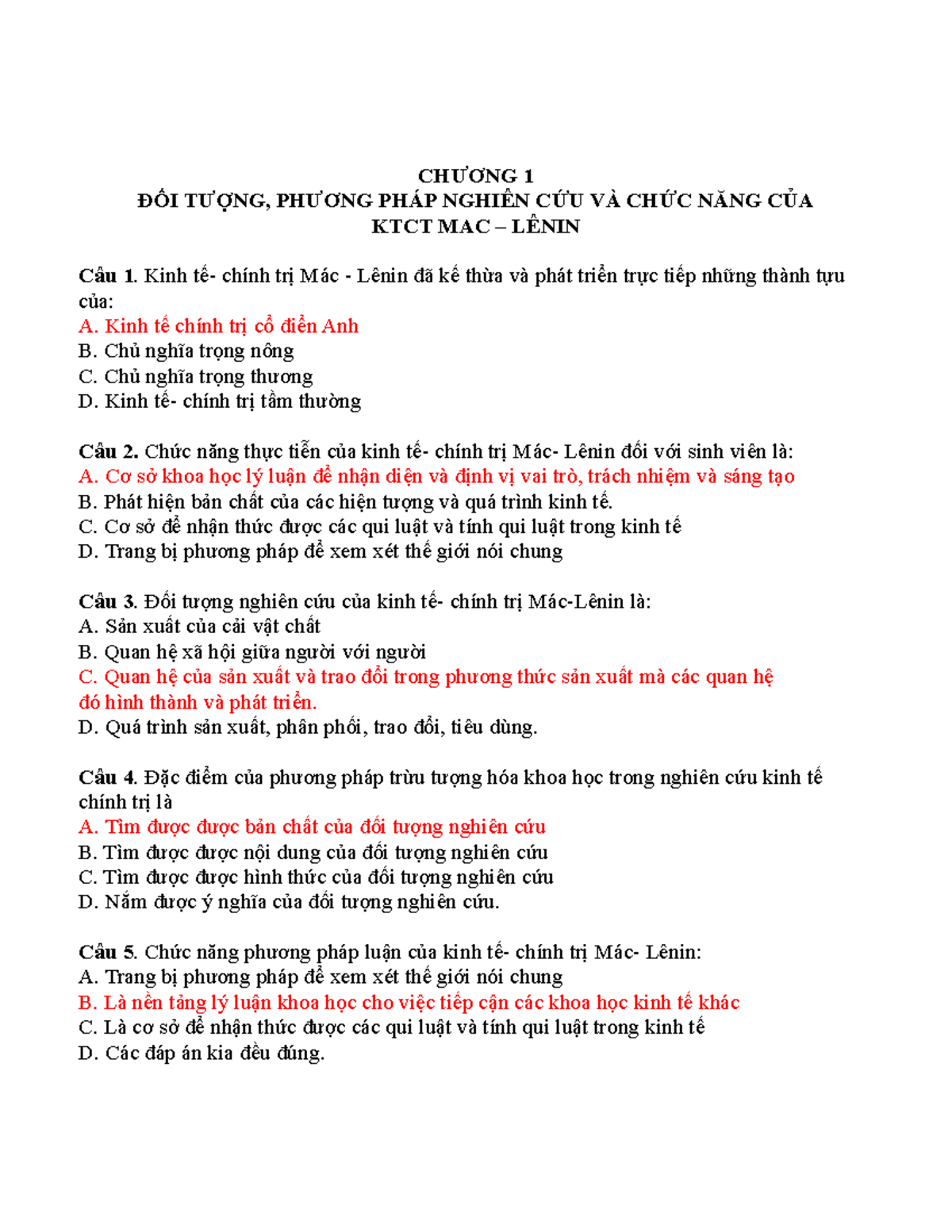 Ktct Bài Trắc Nghiệm ChƯƠng 1 ĐỐi TƯỢng PhƯƠng PhÁp NghiÊn CỨu VÀ ChỨc NĂng CỦa Ktct Mac