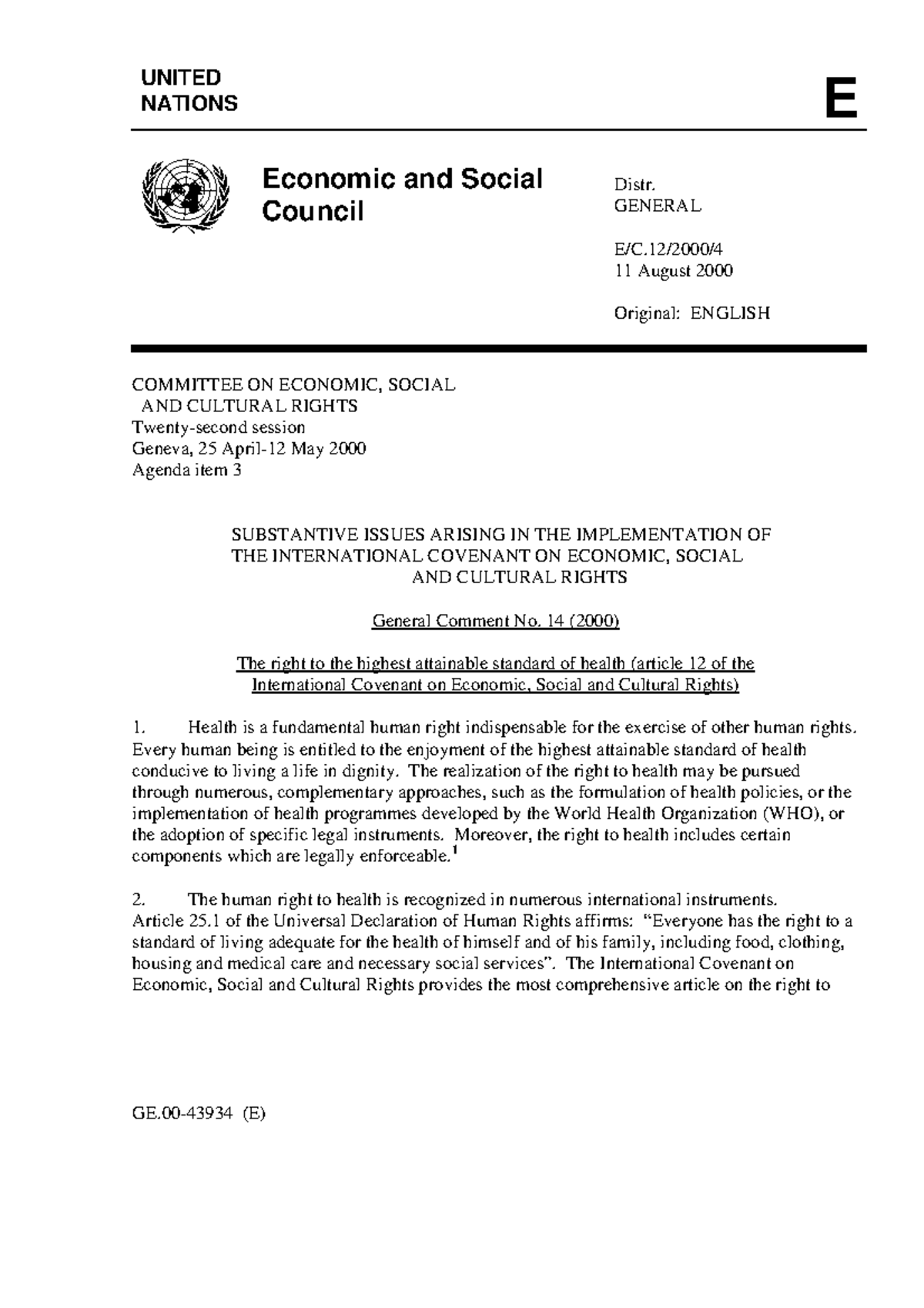 General comment - UNITED NATIONS E Economic and Social Council Distr ...