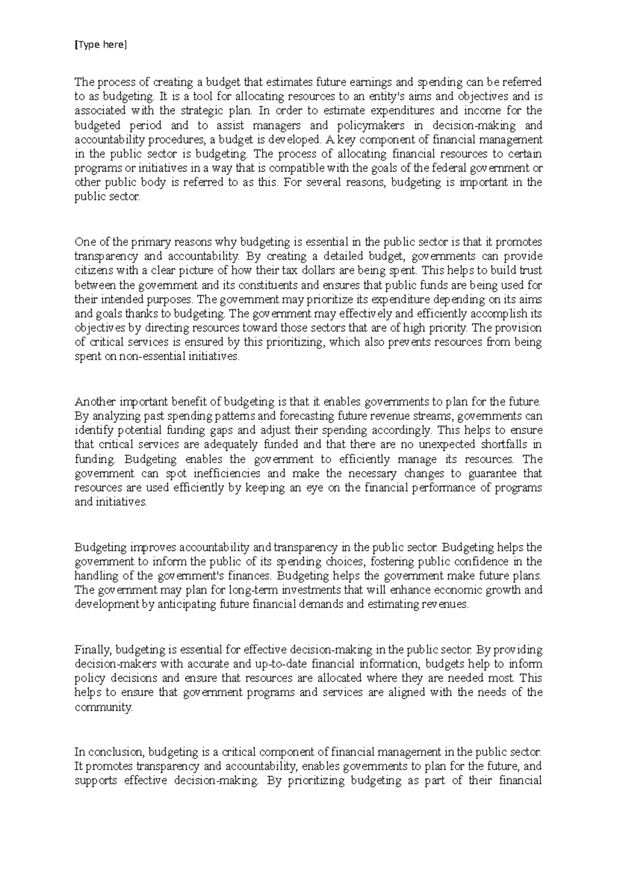A2 - Reflection 2 - [Type here] The process of creating a budget that ...