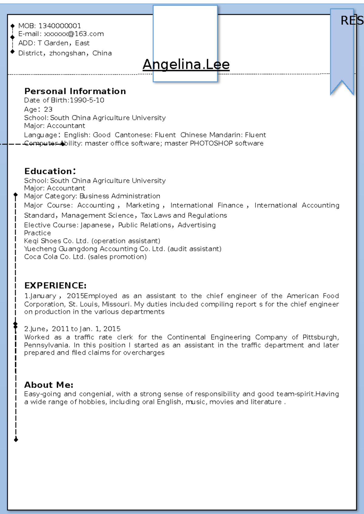 Simple Creative Resume- RES Personal Information Date of Birth:1990-5 ...