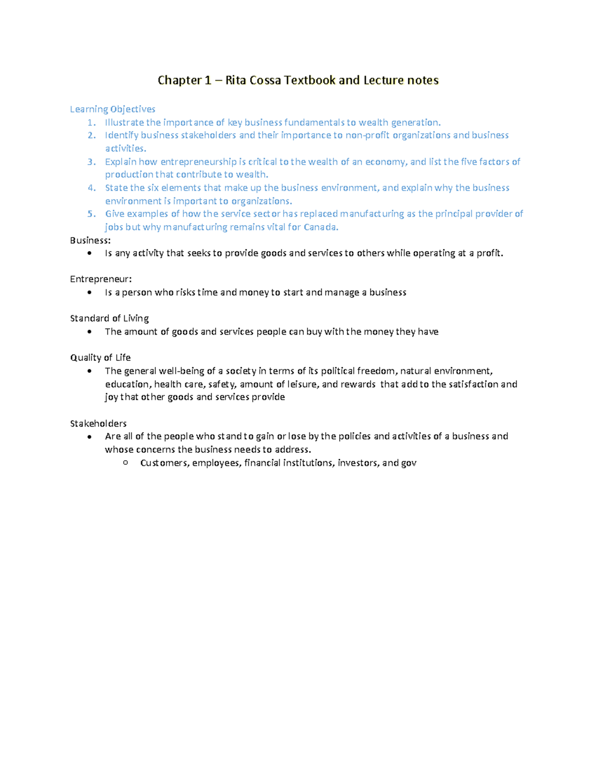 Chapter 1 - lecture notes - Chapter 1 – Rita Cossa Textbook and Lecture ...