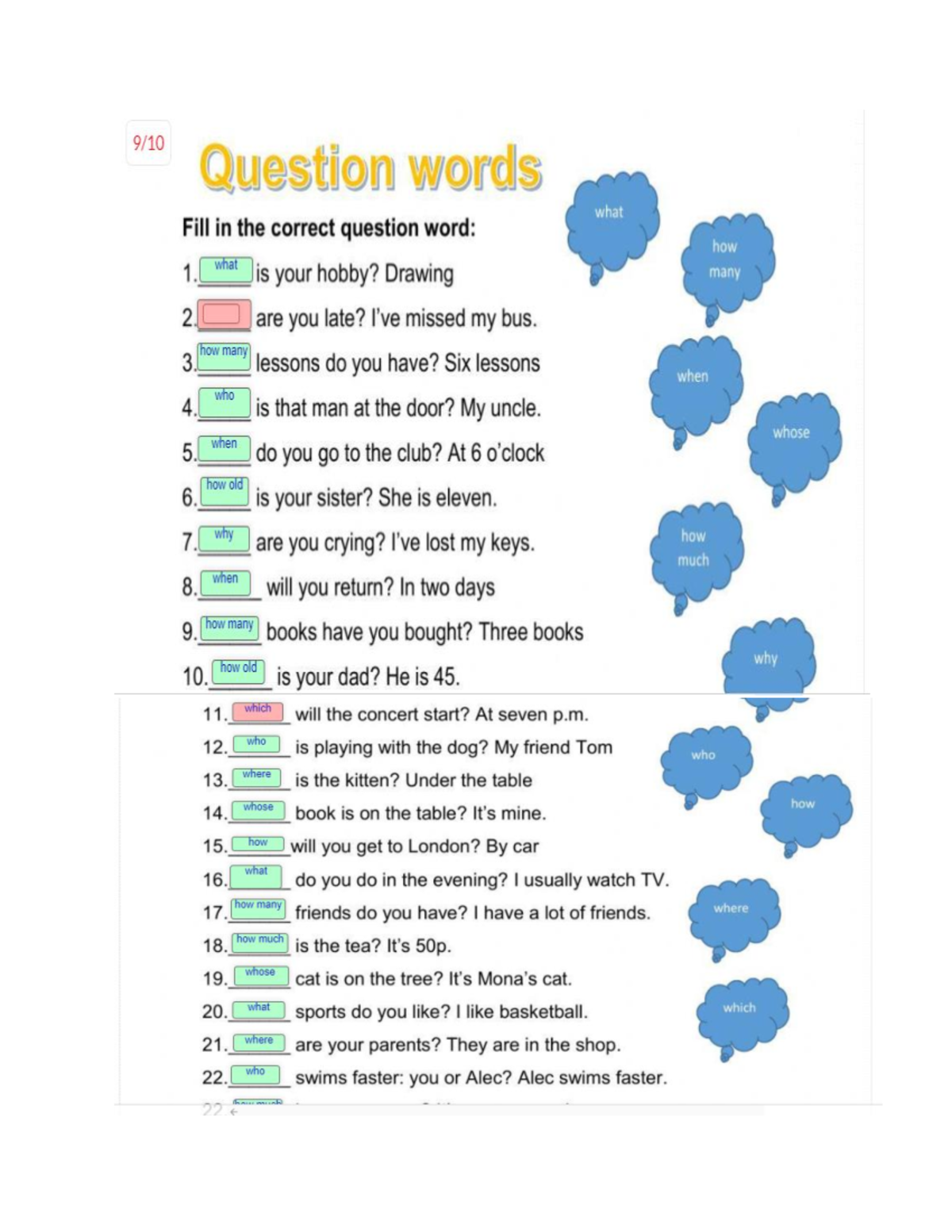 Question words worksheet for A1 - Question words what Fill in the ...