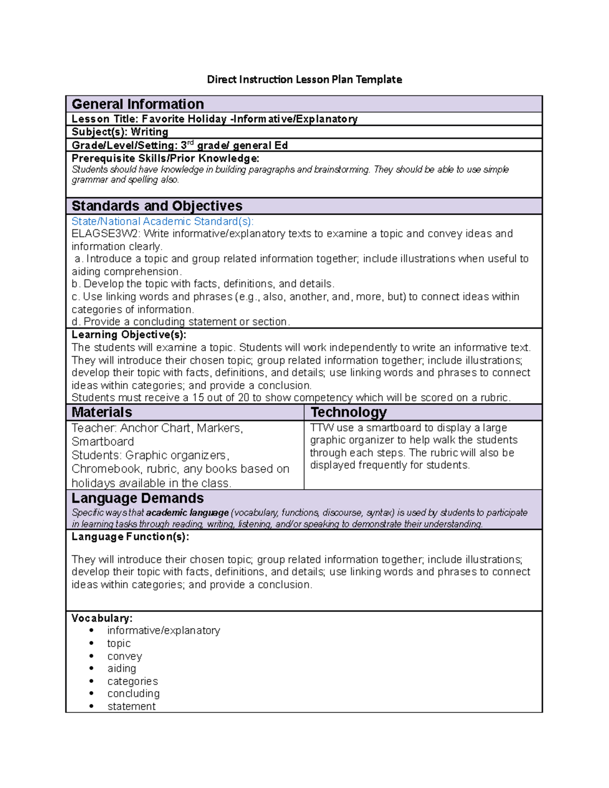 Language arts lesson plan - Direct Instruction Lesson Plan Template General Information Lesson ...