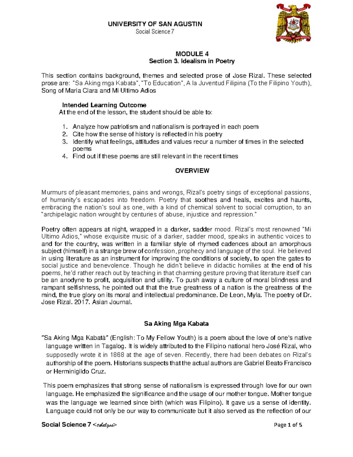 M4 - none - Social Science 7 MODULE 4 Section 3. Idealism in Poetry This section contains - Studocu