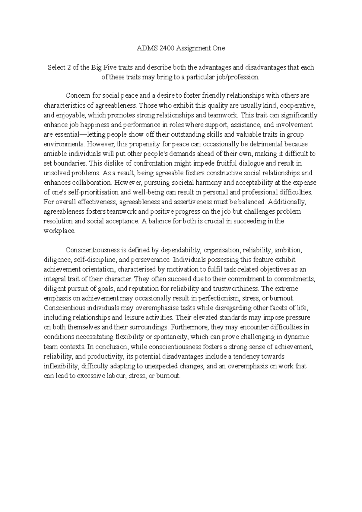 ADMS 2400 Assignment One - Concern for social peace and a desire to ...