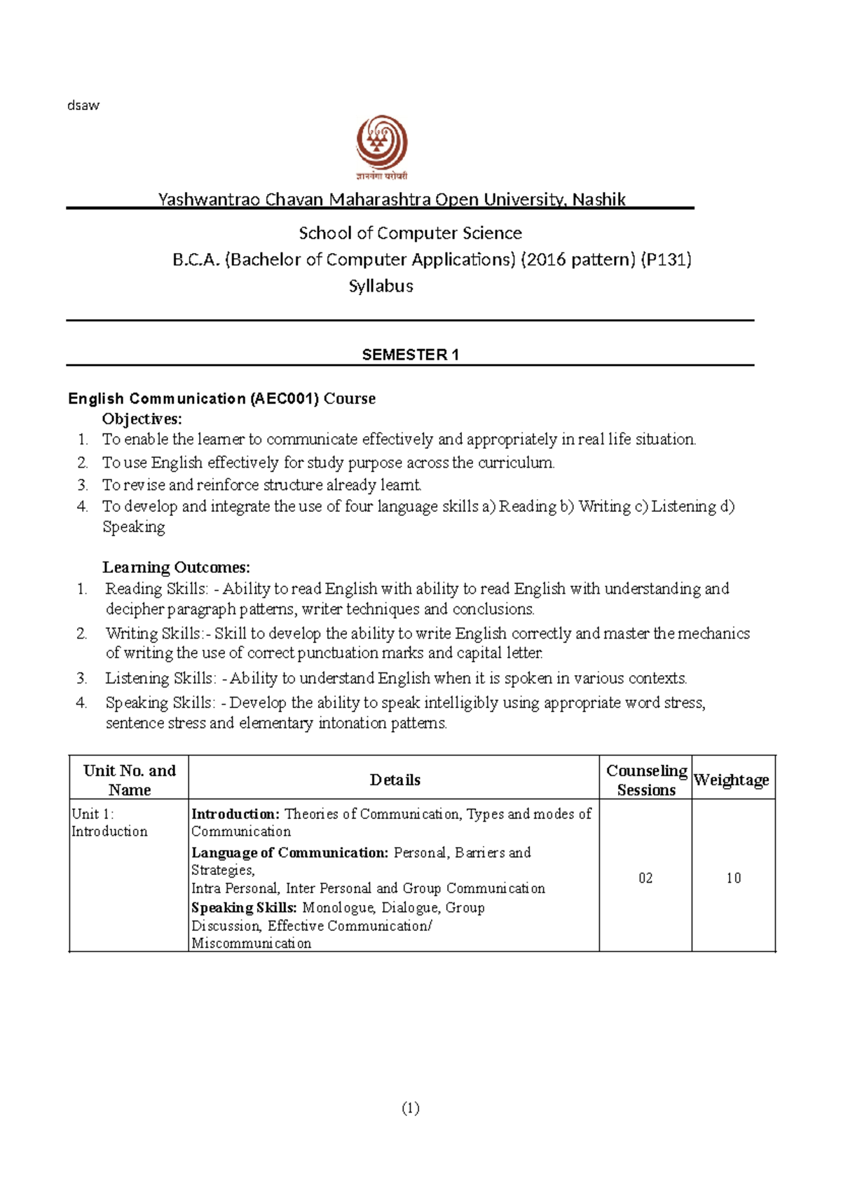 BCA P131 Sylabus Sem I - python - dsaw School of Computer Science B.C. (Bachelor of Computer ...