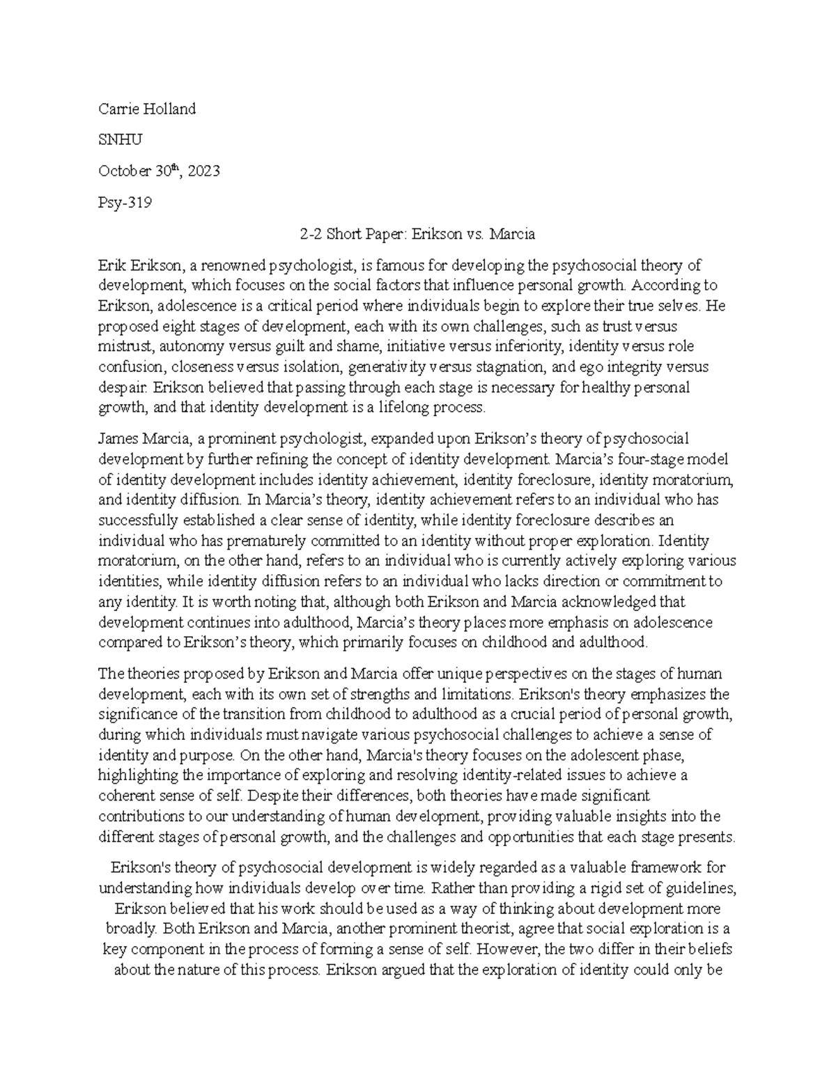 Psy-319 2-2 Short Paper Erikson vs Marcia - Carrie Holland SNHU October ...