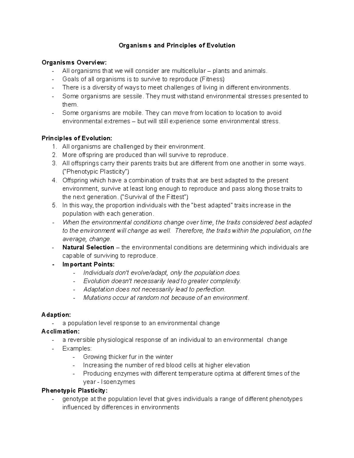 Organisms and Principles of Evolution - Organisms and Principles of ...