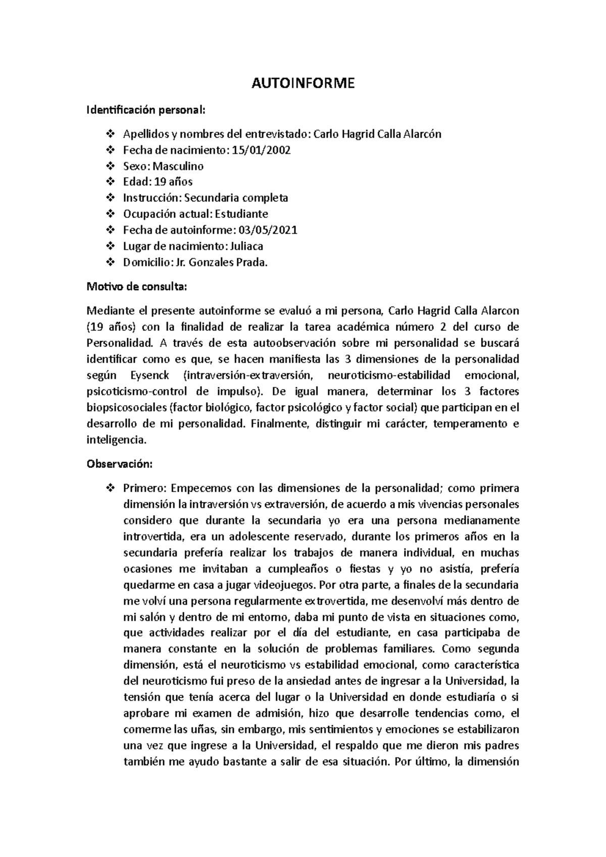 Autoinforme-Personalidad - AUTOINFORME Identificación personal ...