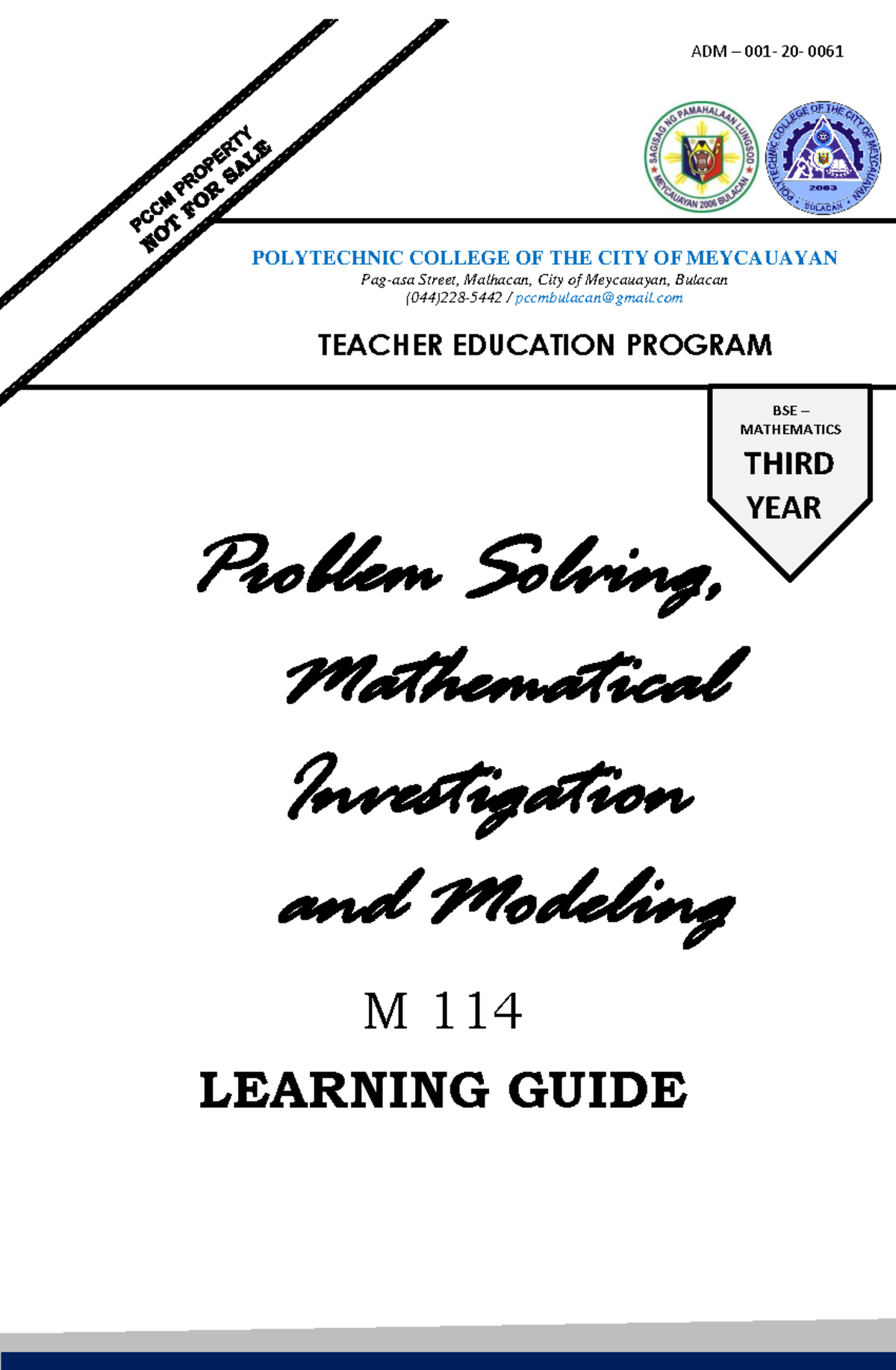 Problem solving mathematical investigation and modeling - ####### POLYTECHNIC COLLEGE OF THE ...