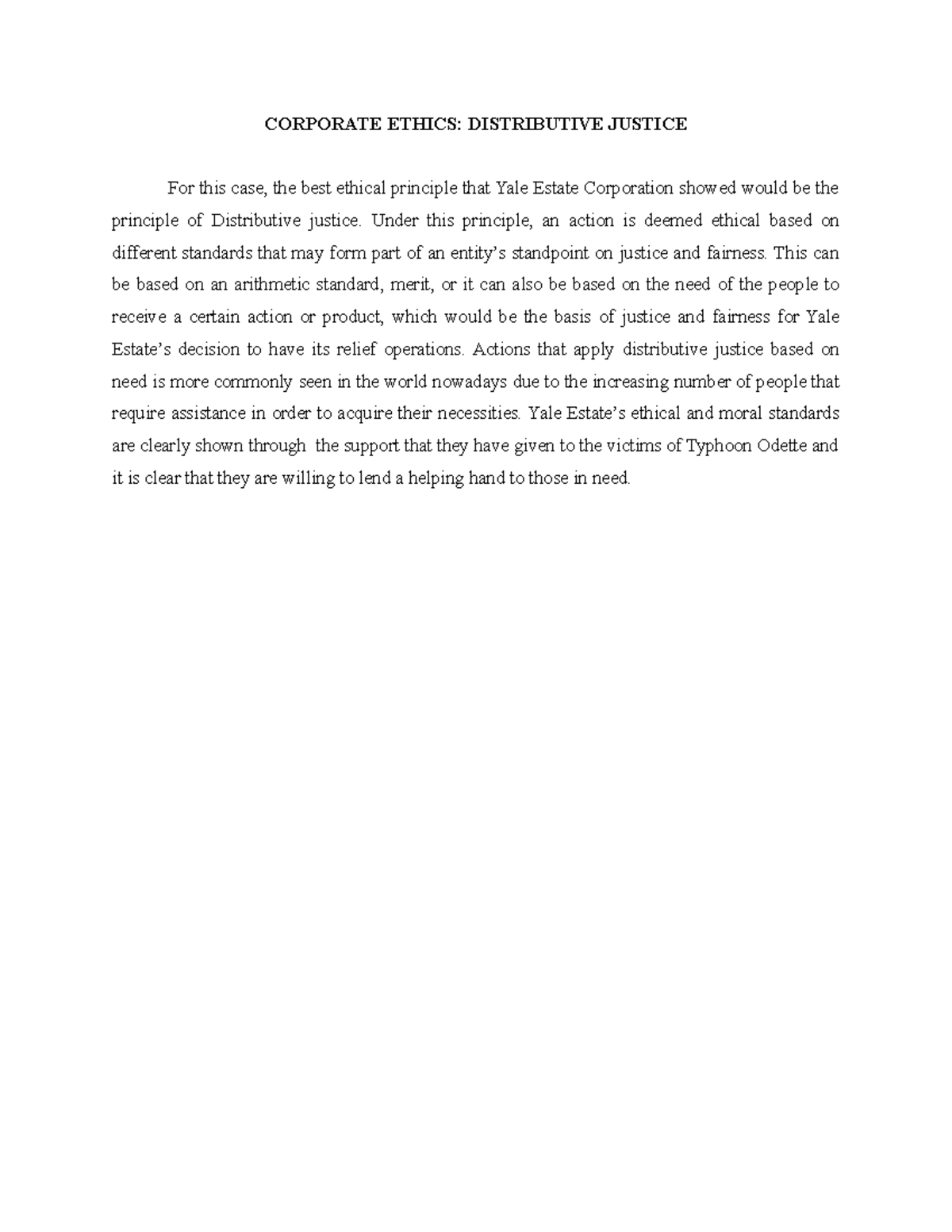 Corporate Ethics- Distributive Justice Application - CORPORATE ETHICS ...