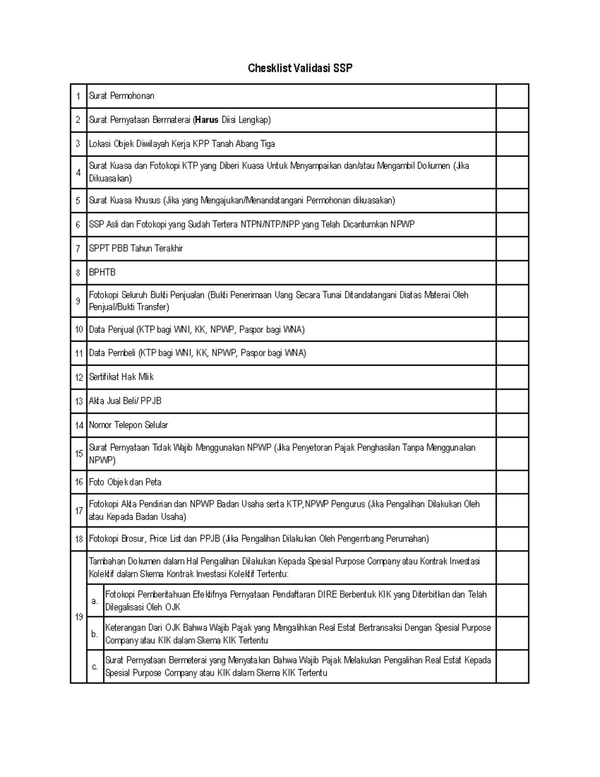 Validasi SSP Checklist - 1 2 3 4 5 6 7 8 9 10 11 12 13 14 15 16 17 18 a. Fotokopi Pemberitahuan ...