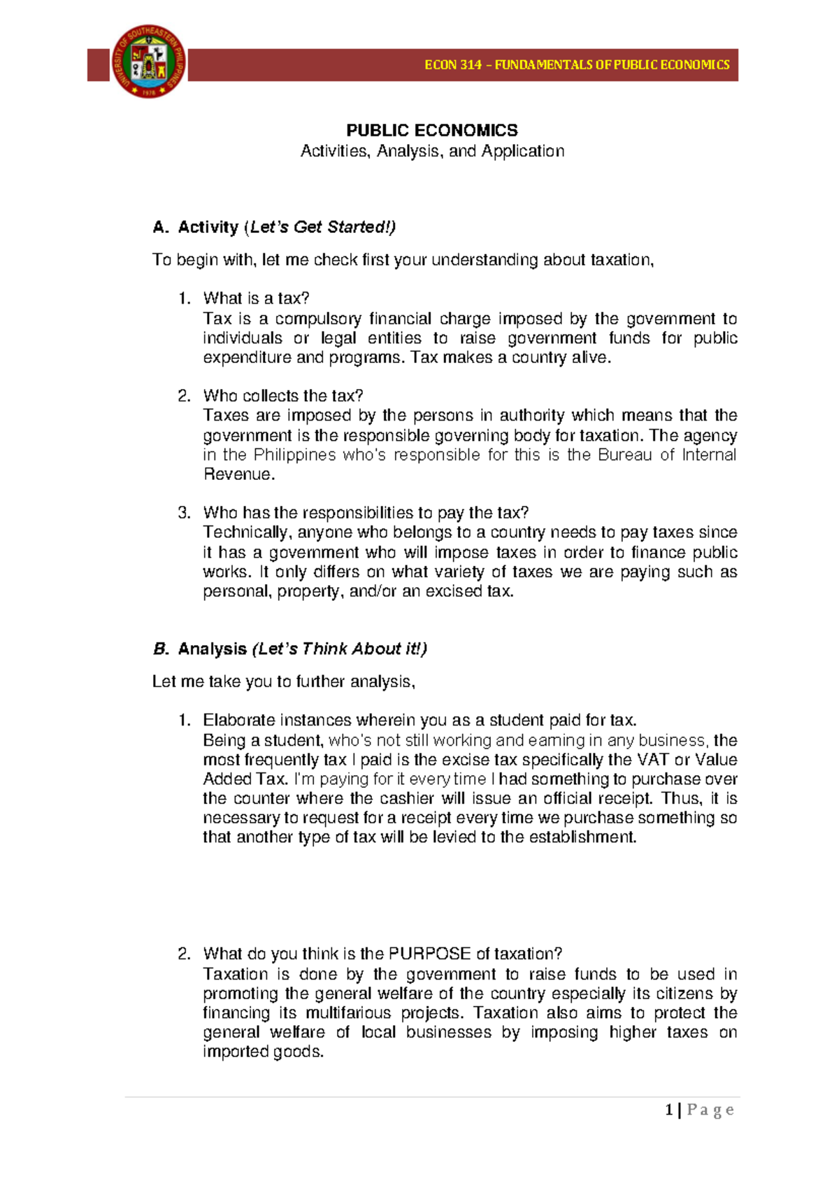 Explaining Taxation Coursework - ECON 314 – FUNDAMENTALS OF PUBLIC ...