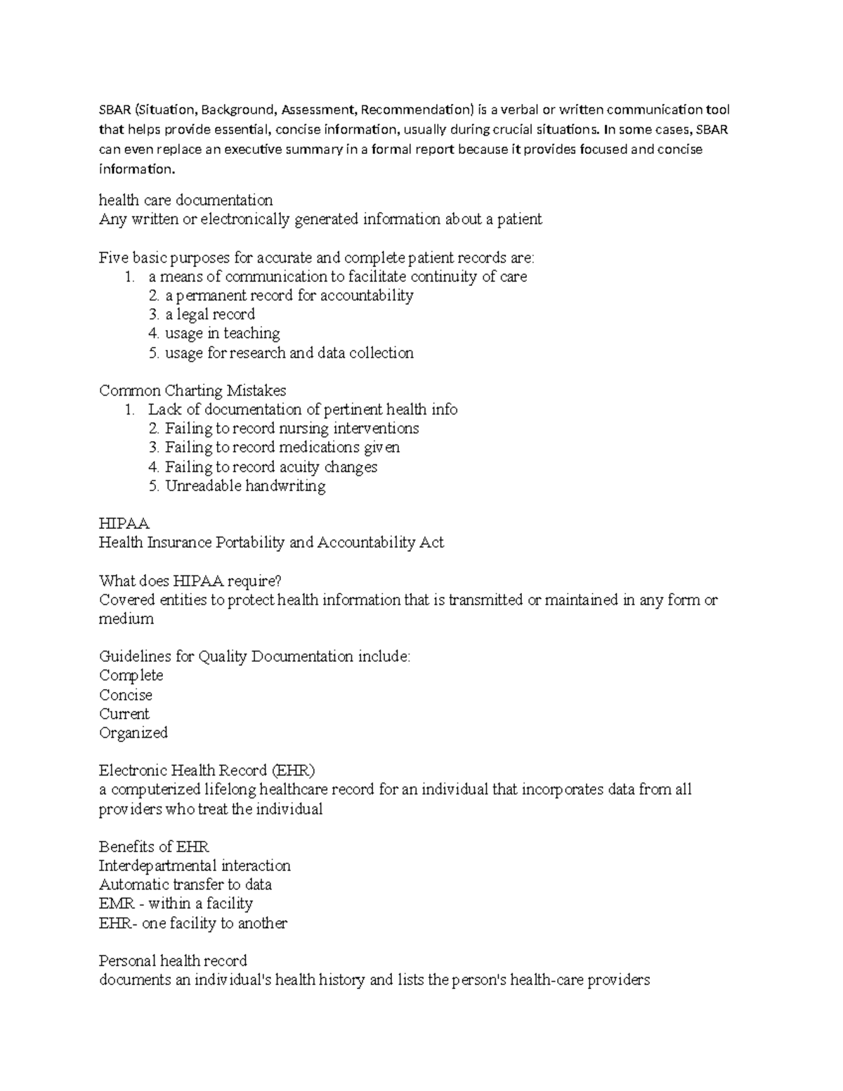 Chapter 2 notes - SBAR (Situation, Background, Assessment ...