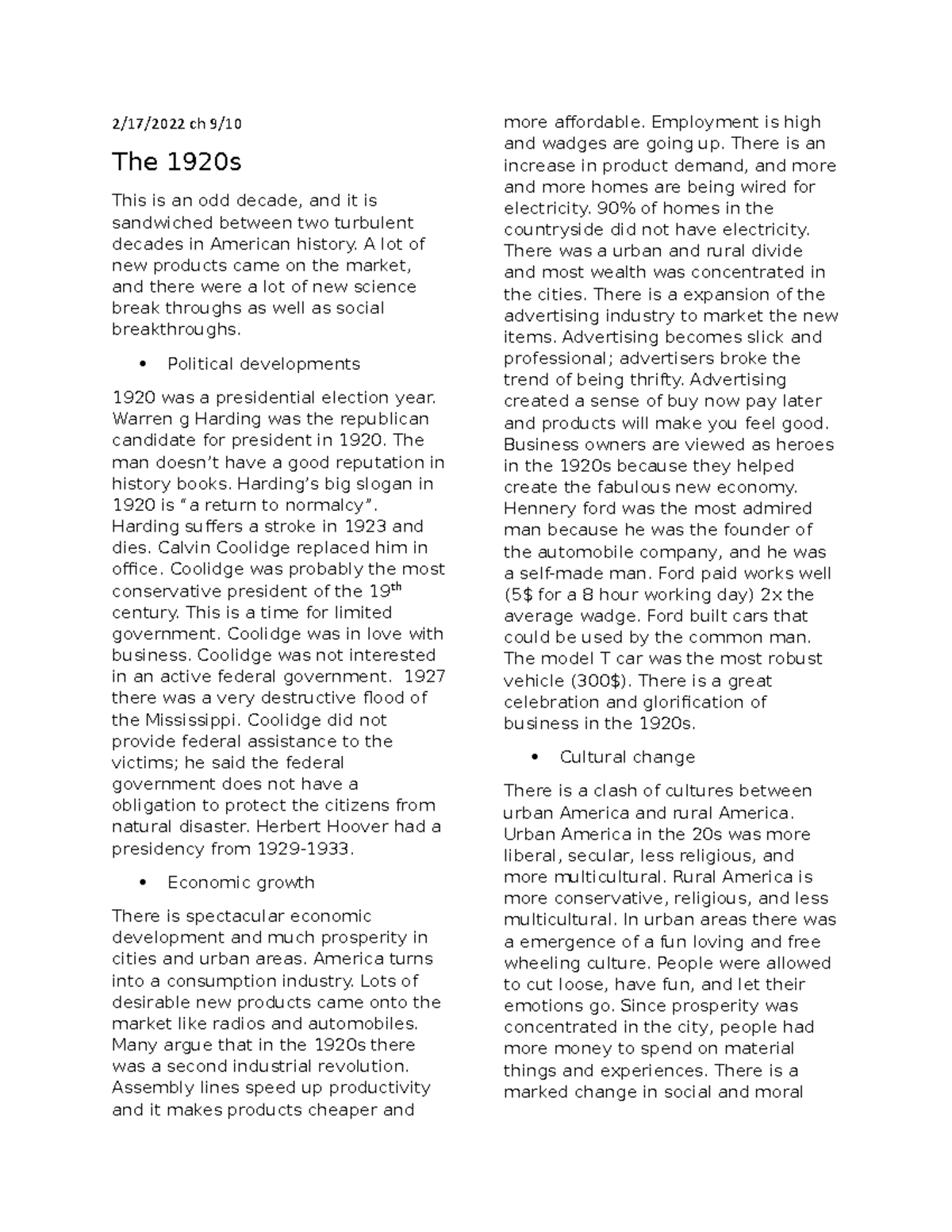 Class Notes - History from 1920s-1950s - 2/17/2022 ch 9/ The 1920s This ...