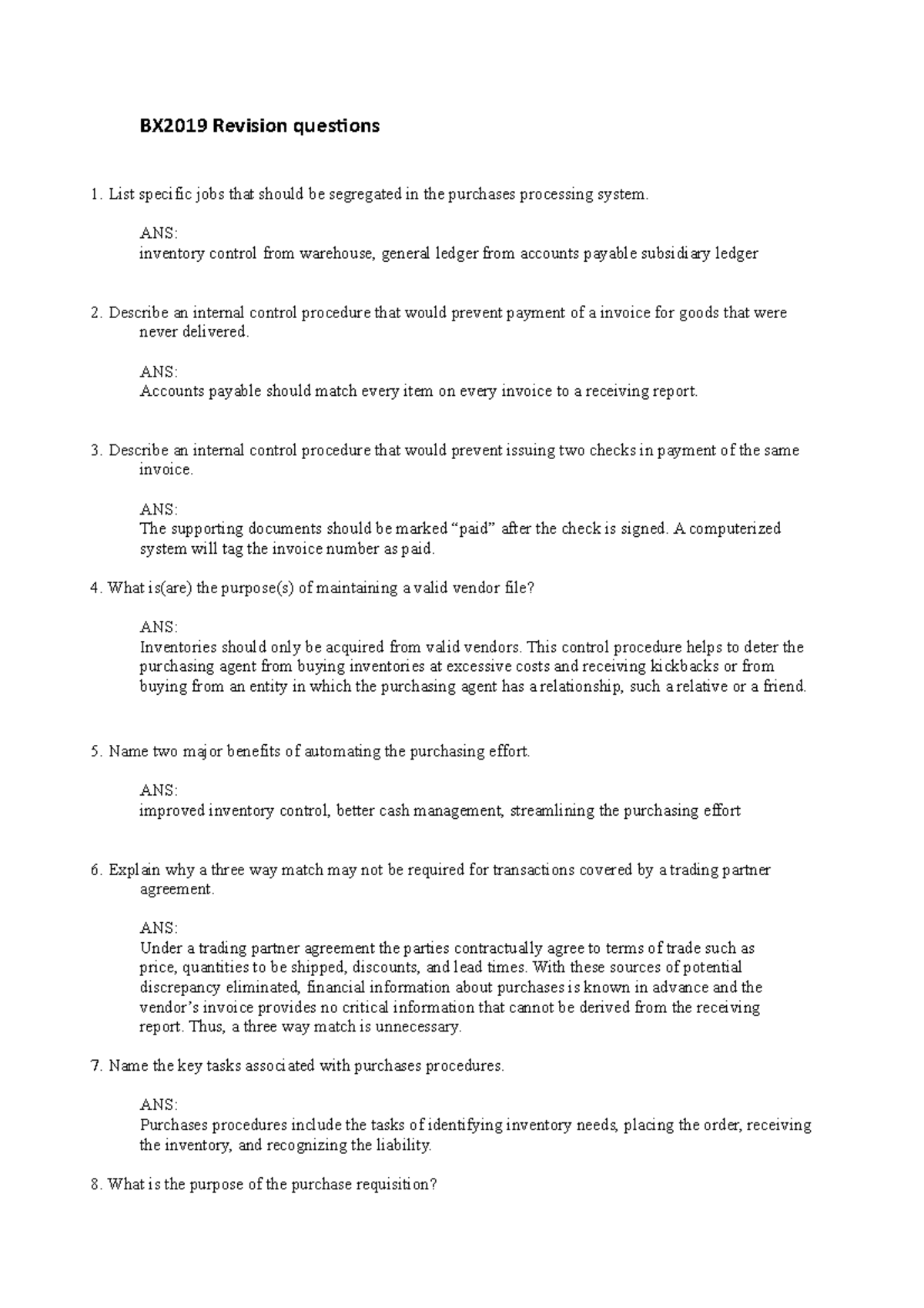 Revison Question Answers for final exam - BX2019 Revision questions ...