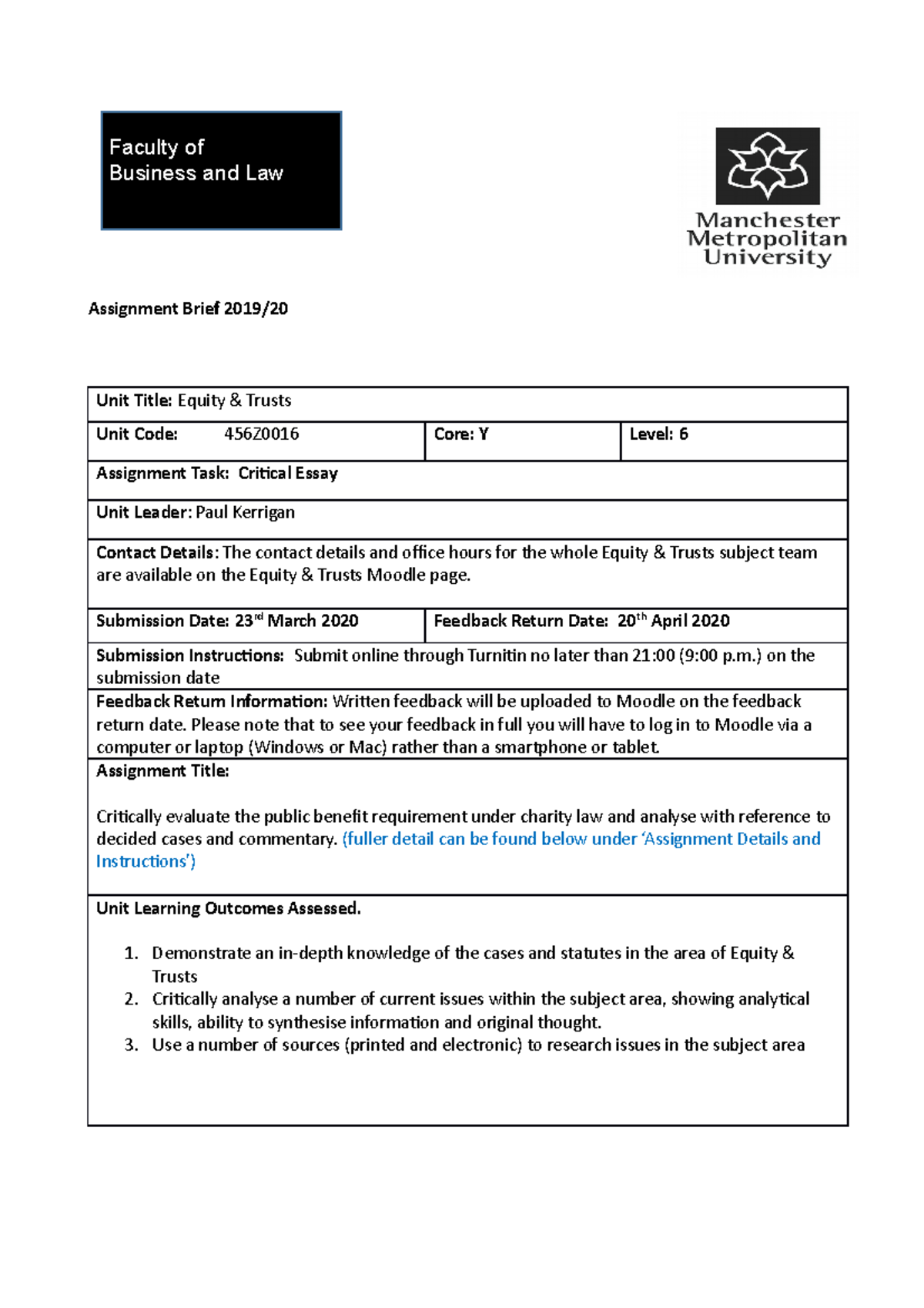 Equity n Trust - past exam paper - Assignment Brief 2019/ Unit Title ...