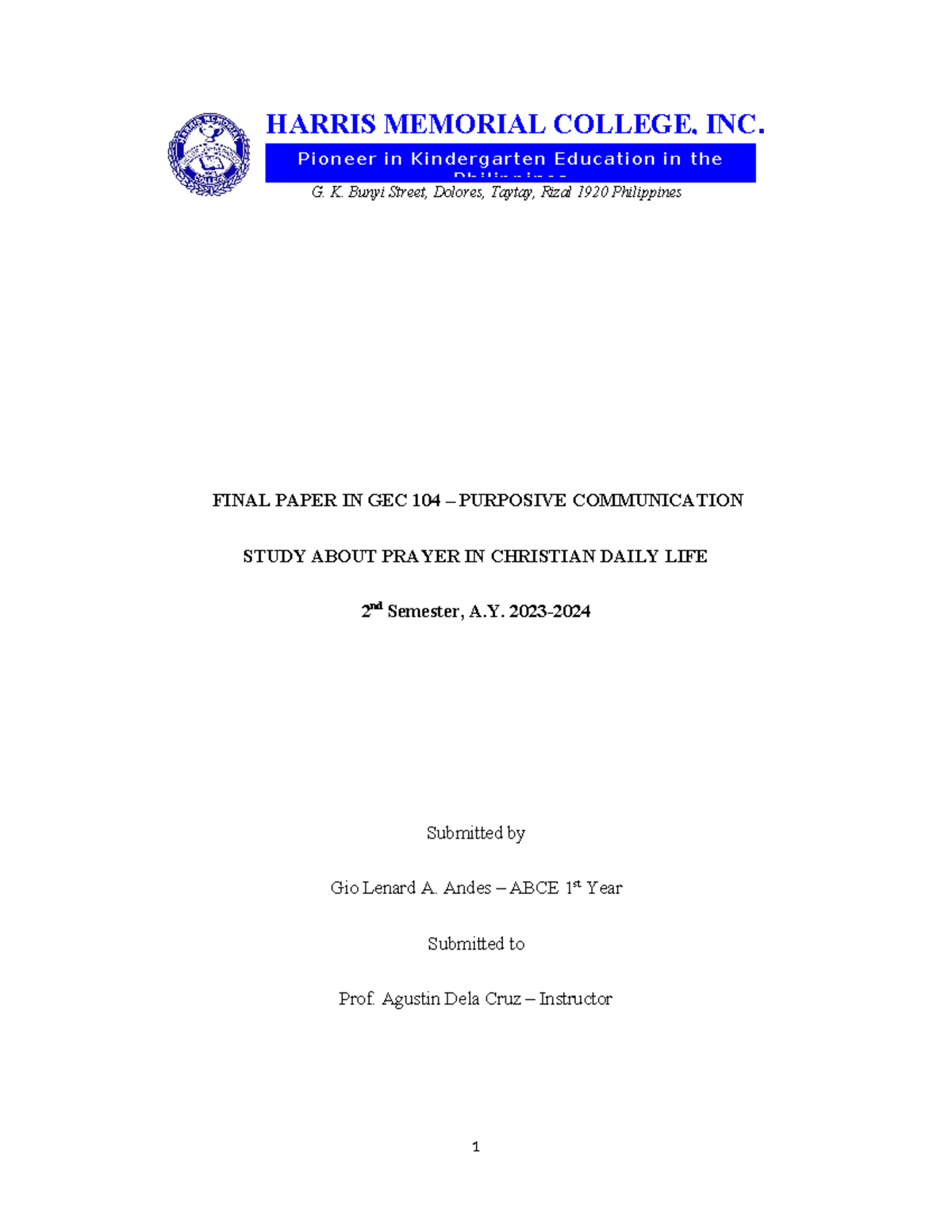 Research Topic: Prayer in Daily Life - FINAL PAPER IN GEC 104 ...