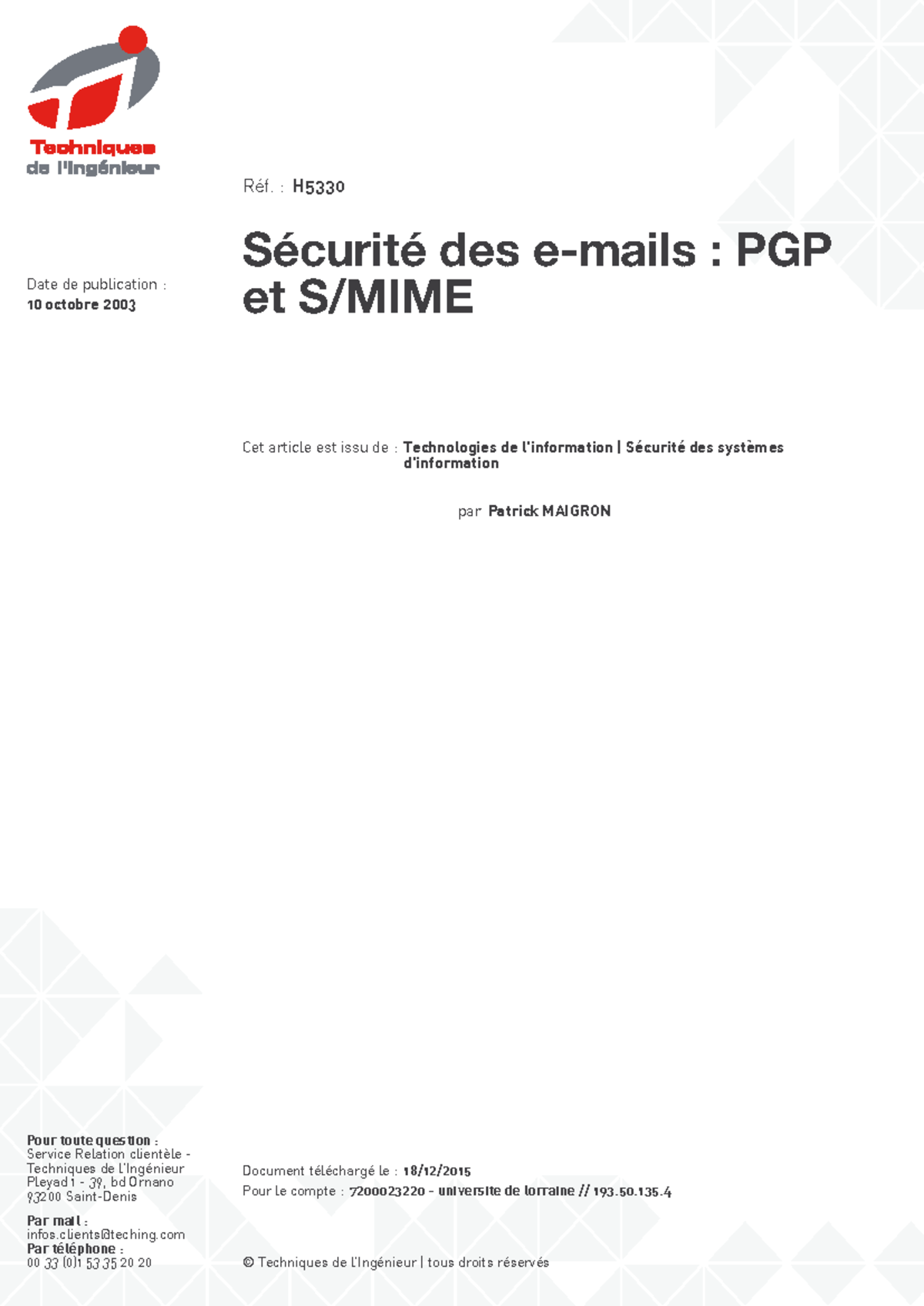 Open PGP - Base report - Date de publication : 10 octobre 2003 Pour toute question : Service ...