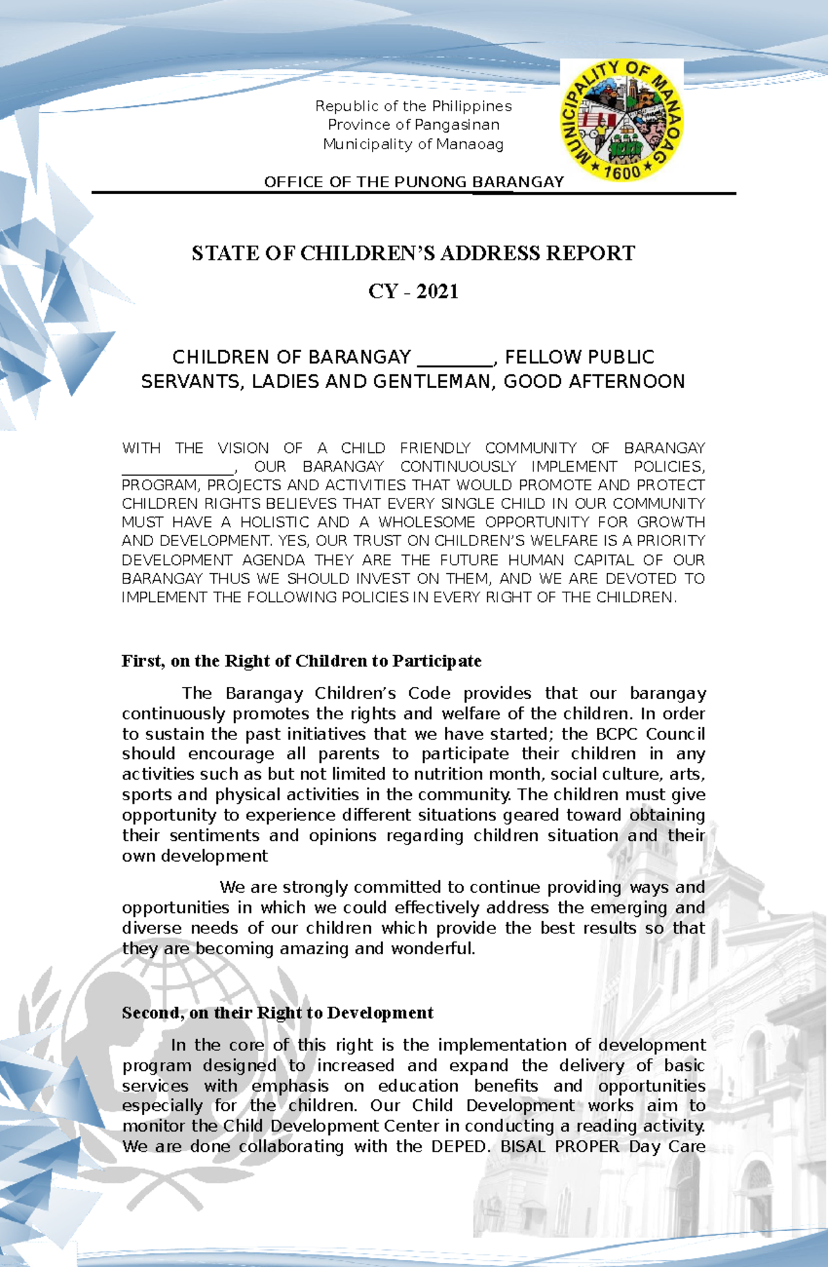 State OF Barangay Address Report 1 Republic Of The Philippines 
