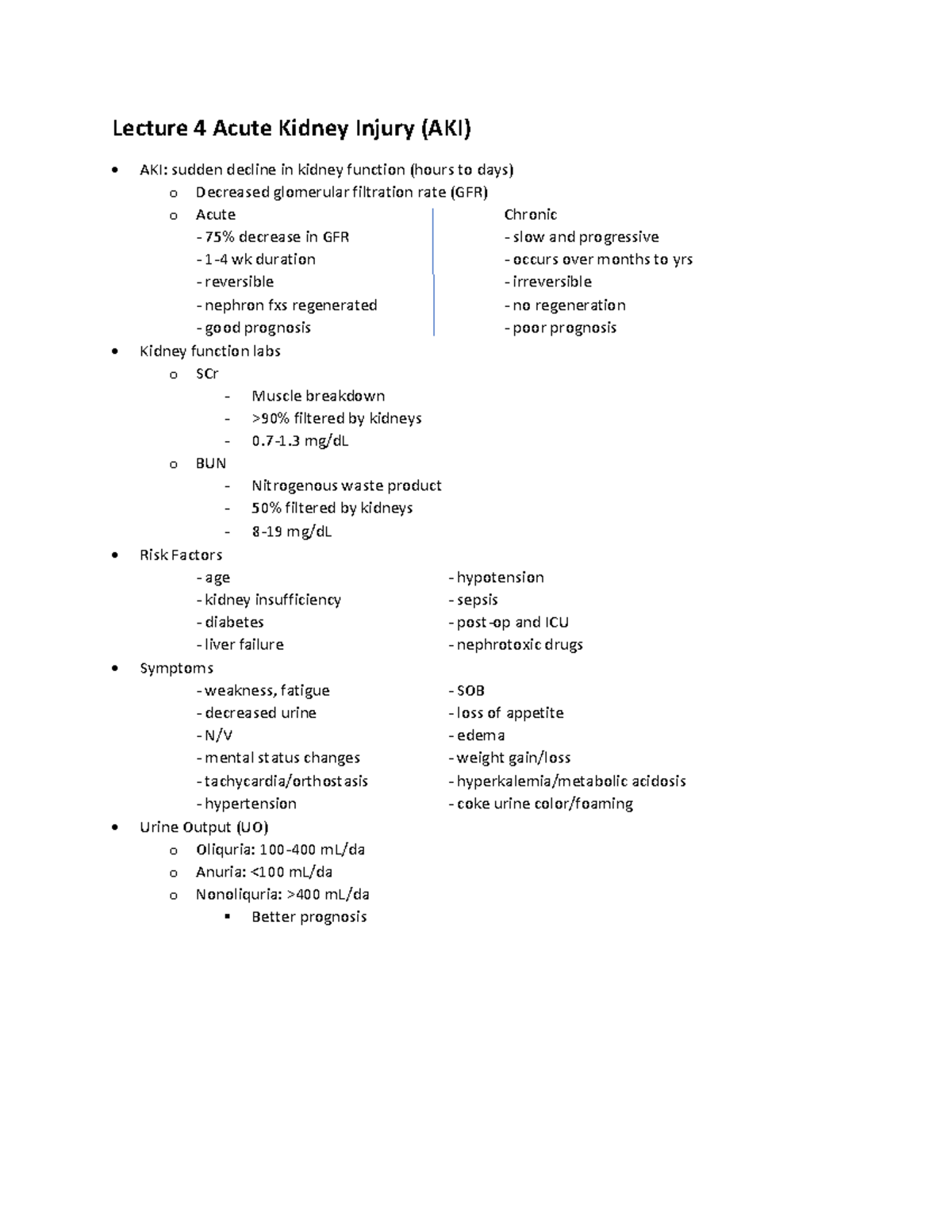 Lecture 4 Acute Kidney Injury - Lecture 4 Acute Kidney Injury (AKI) AKI ...