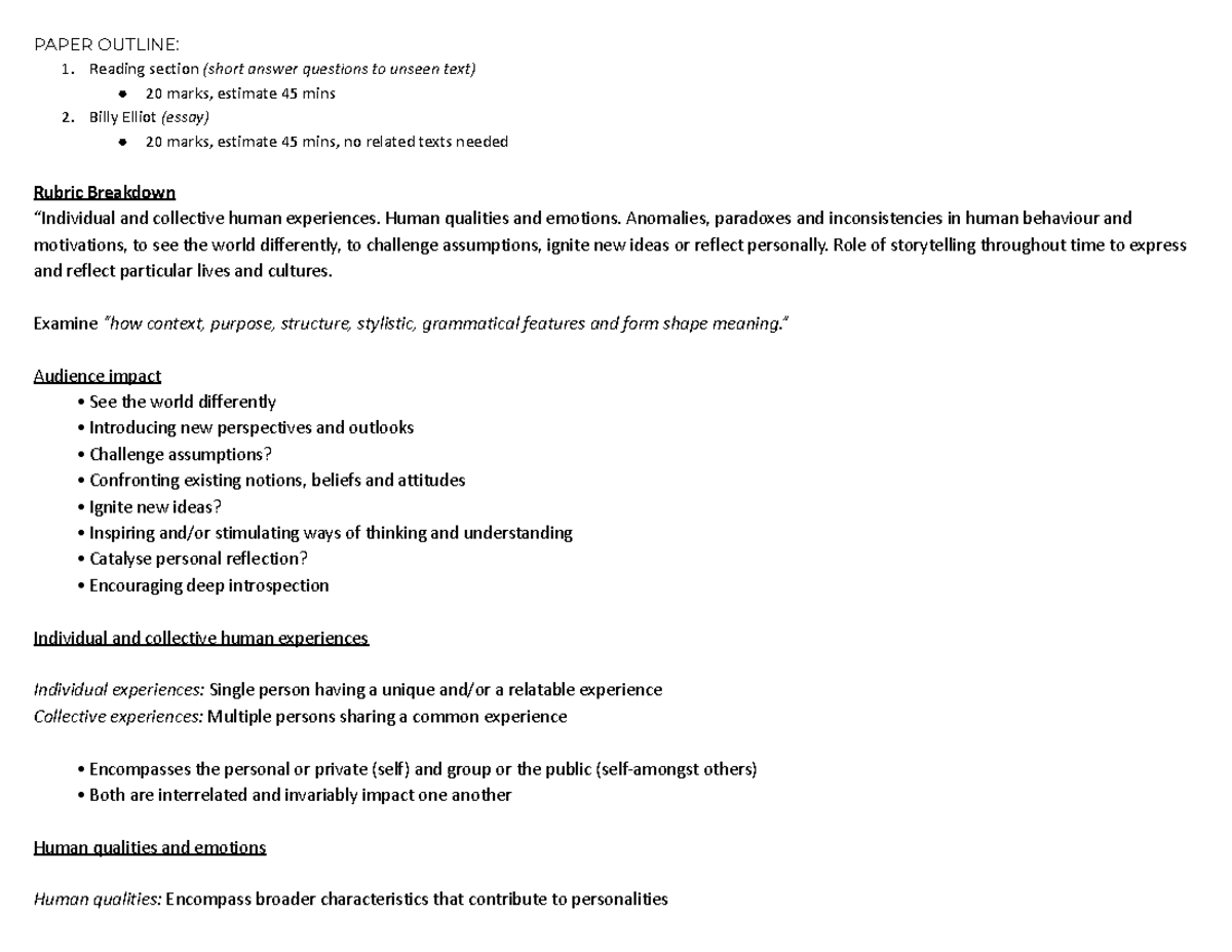 Paper 1 HSC notes - PAPER OUTLINE: 1. Reading section (short answer ...