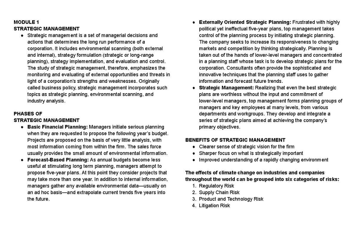 Strama-rev - Strategic Management - MODULE 1 STRATEGIC MANAGEMENT Strategic management is a set ...