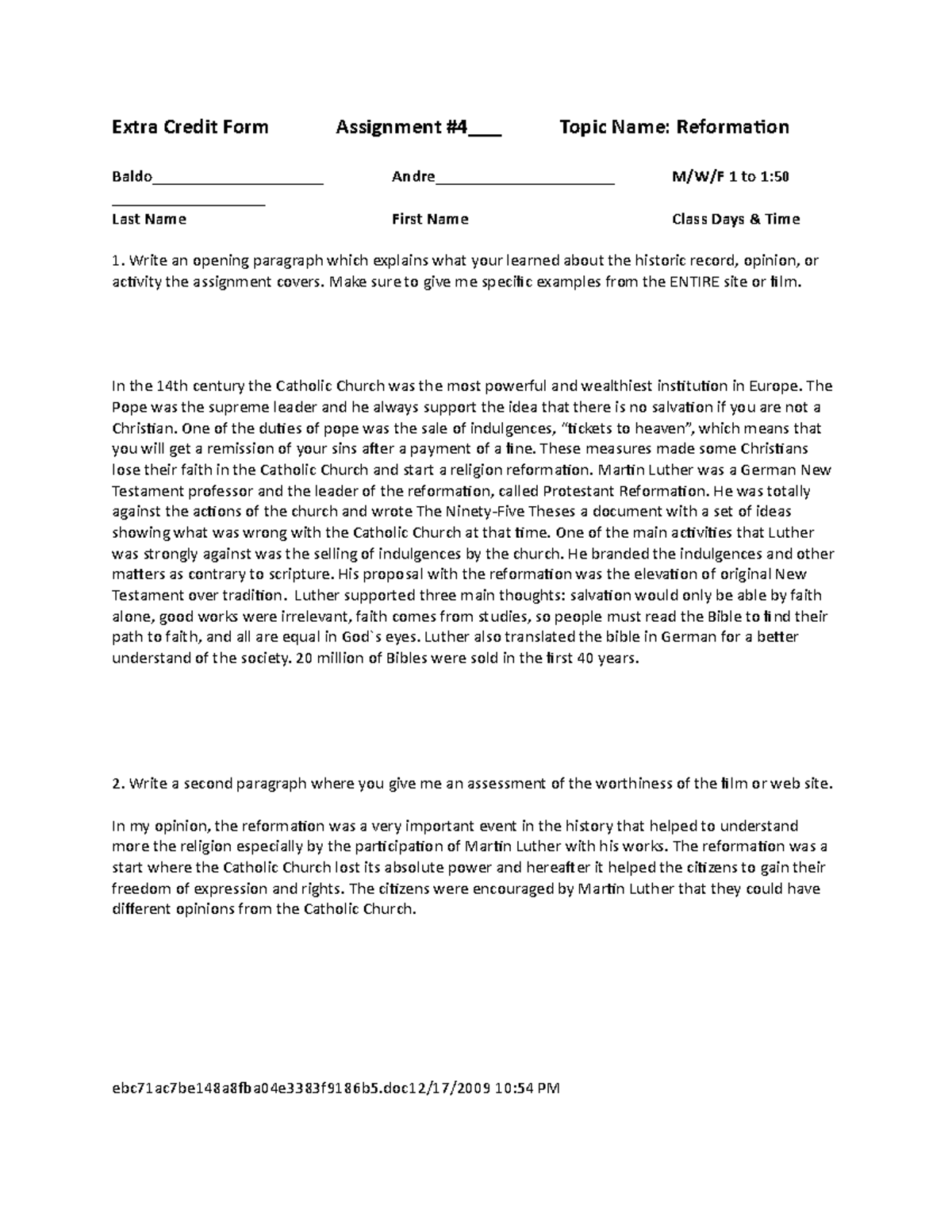 Reformation extra credit - Extra Credit Form Baldo