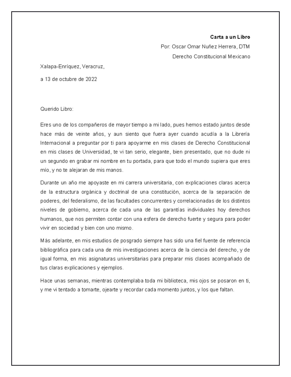 Carta a un Libro - Descripción personal de la experiencia de la lectura ...