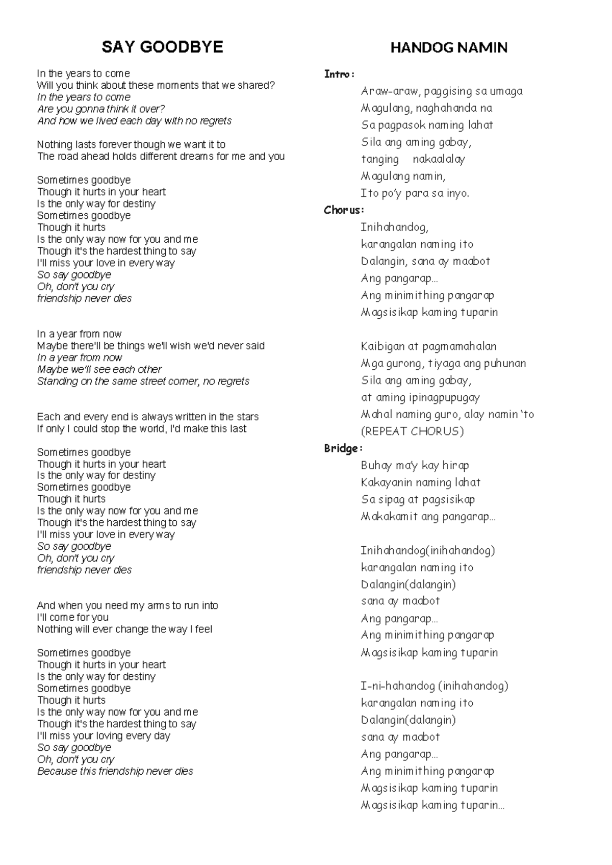 SAY Goodbye handog Namin - SAY GOODBYE In the years to come Will you ...
