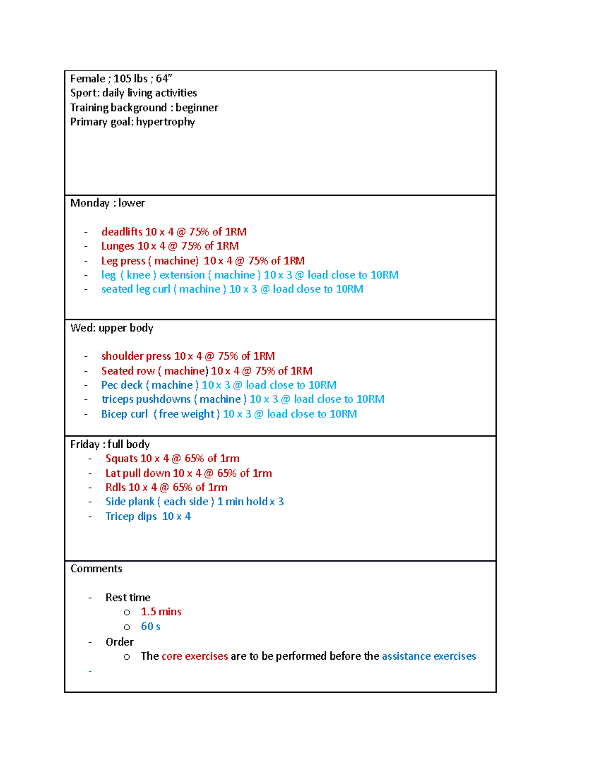 Client progrma design - instructor: mark sloniger - Female ; 105 lbs ...