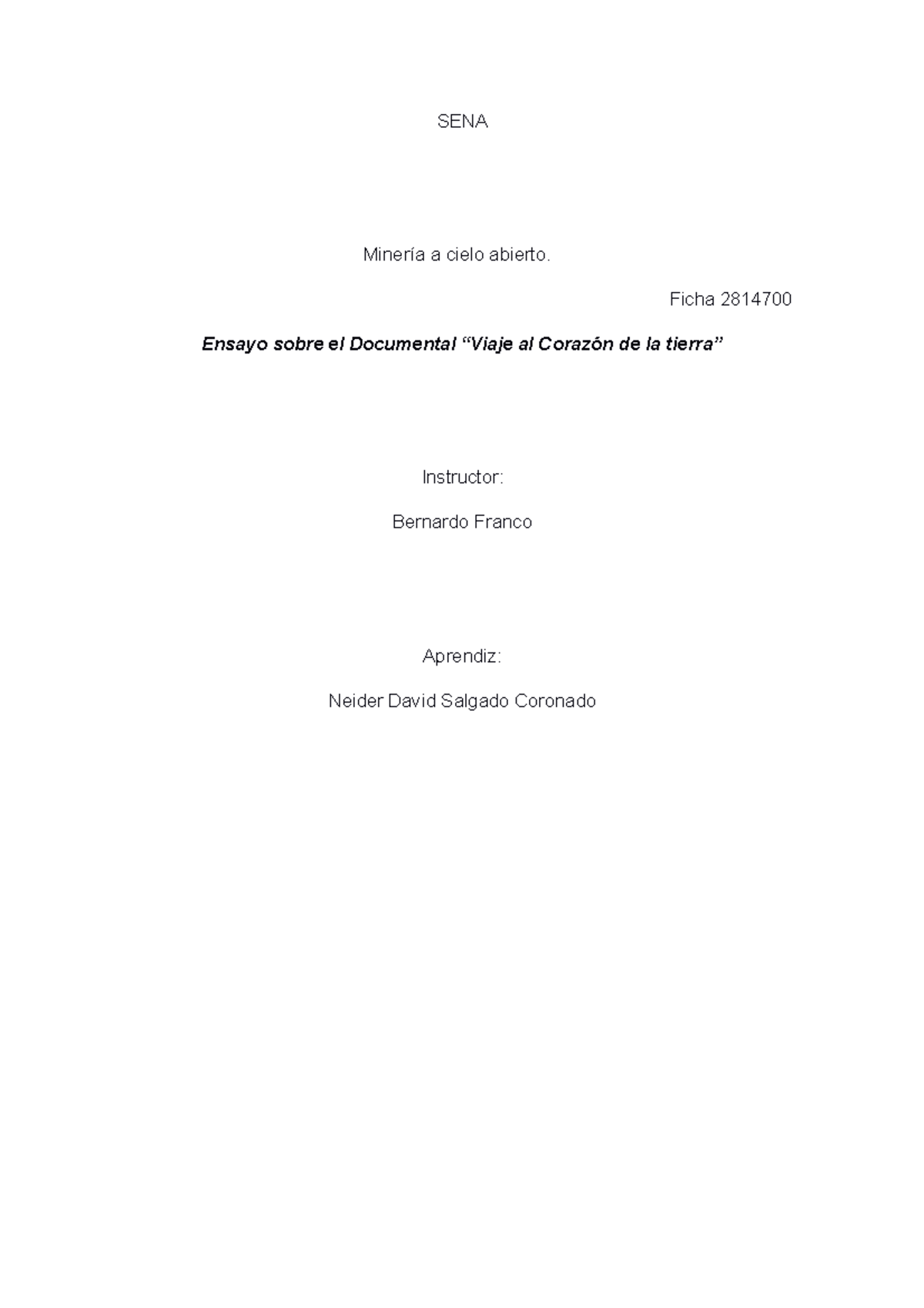 Ensayo Viaje al corazón de la tierra - Neider David Salgado Coronado ...