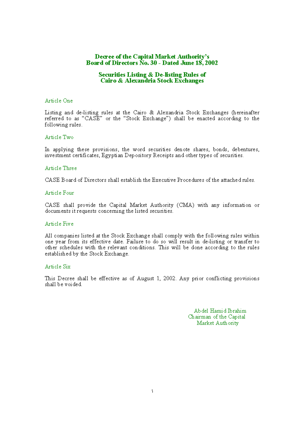 Listing Rules - additional document given by the professor - ١ Decree ...