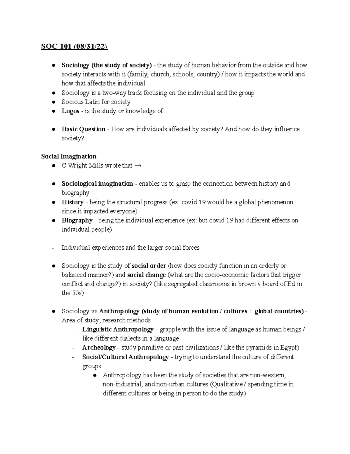 SOC 101 - Sean Rivera - Semester 1 - SOC 101 (08/31/22) Sociology (the ...