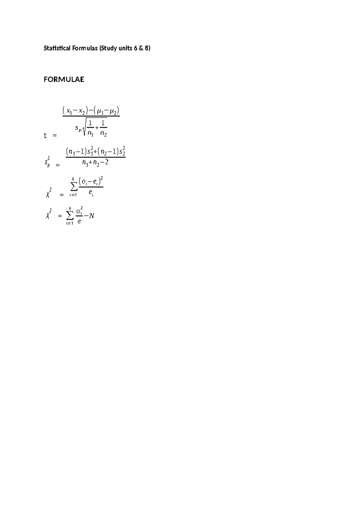 Statistical Formulas Study units 6 and 8 - STFM125 - Studocu