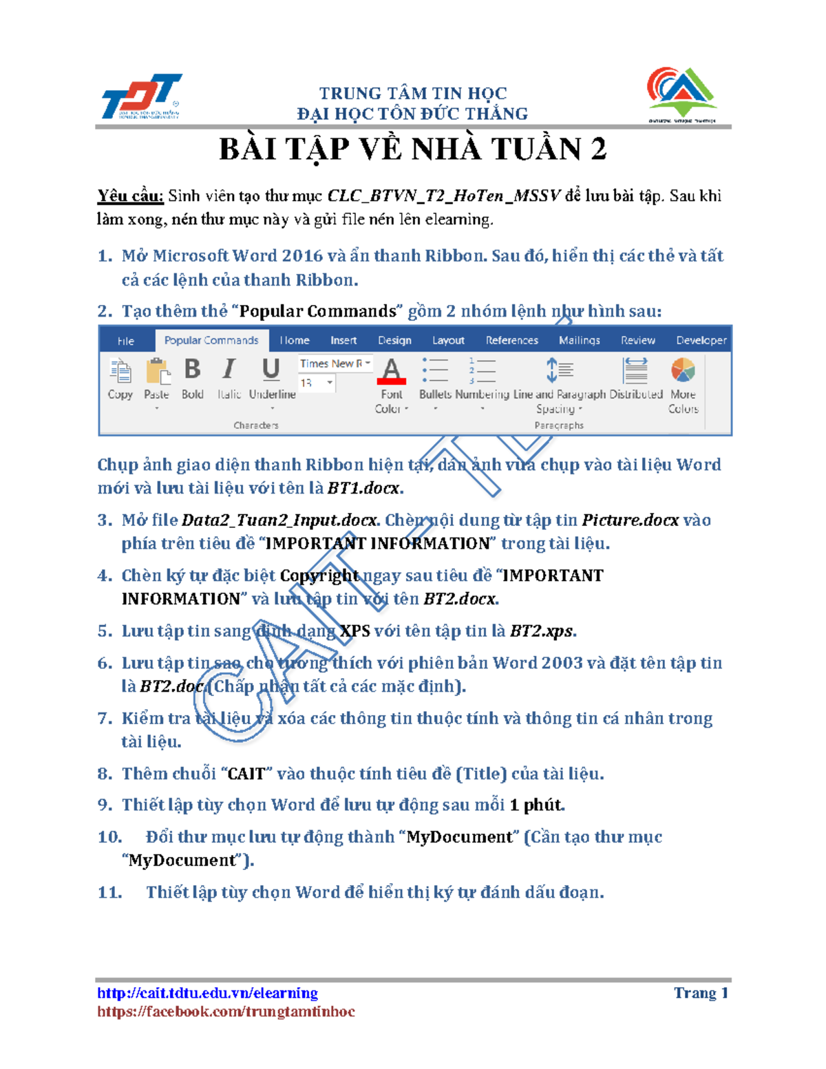 CLC BTVN Word2016 Tuan2 - TRUNG TÂM TIN HỌC ĐẠI HỌC TÔN ĐỨC THẮNG cait ...