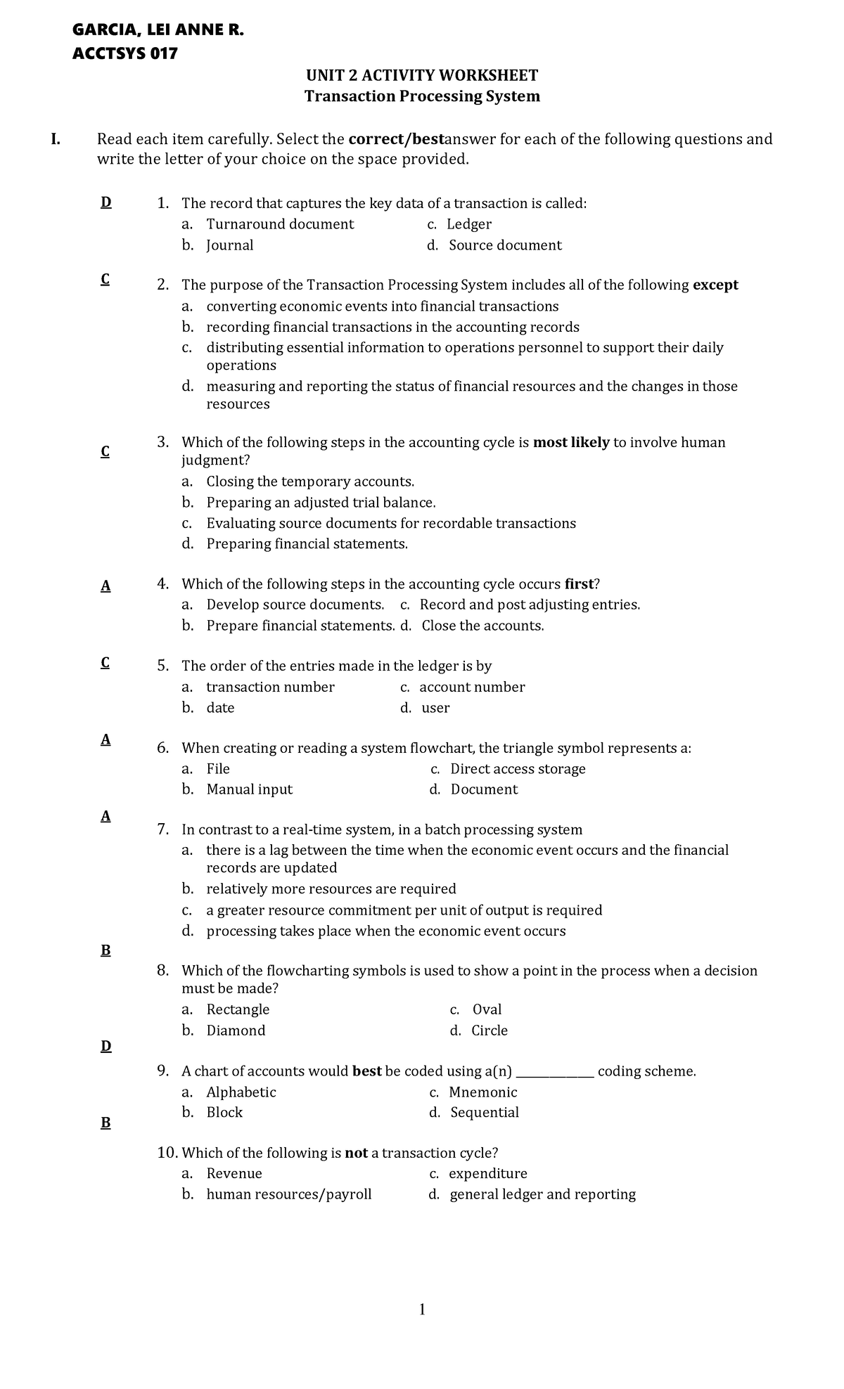 Acctsys Unit 2 Worksheets - 1 GARCIA, LEI ANNE R. ACCTSYS 017 UNIT 2 ACTIVITY WORKSHEET ...