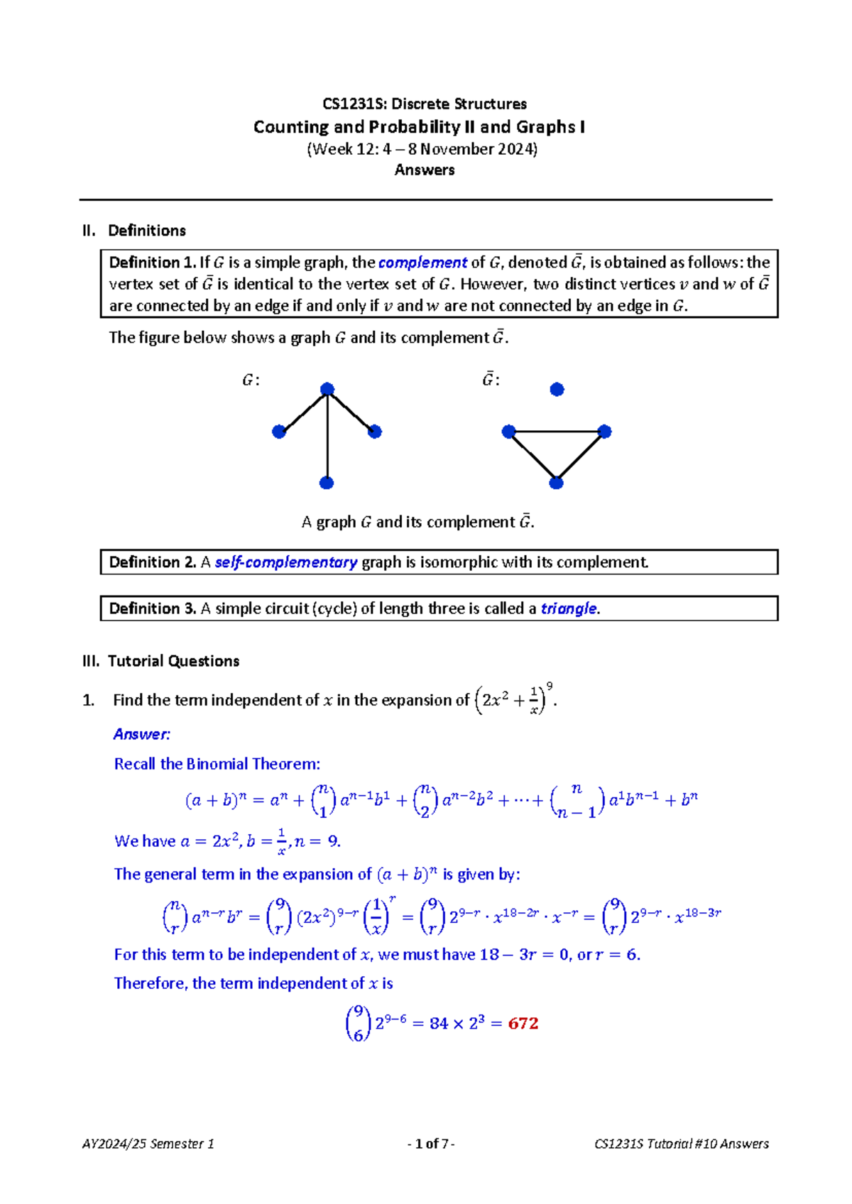 Tutorial 10 Answers - CS1231S: Discrete Structures Counting and Probability II and Graphs I ...