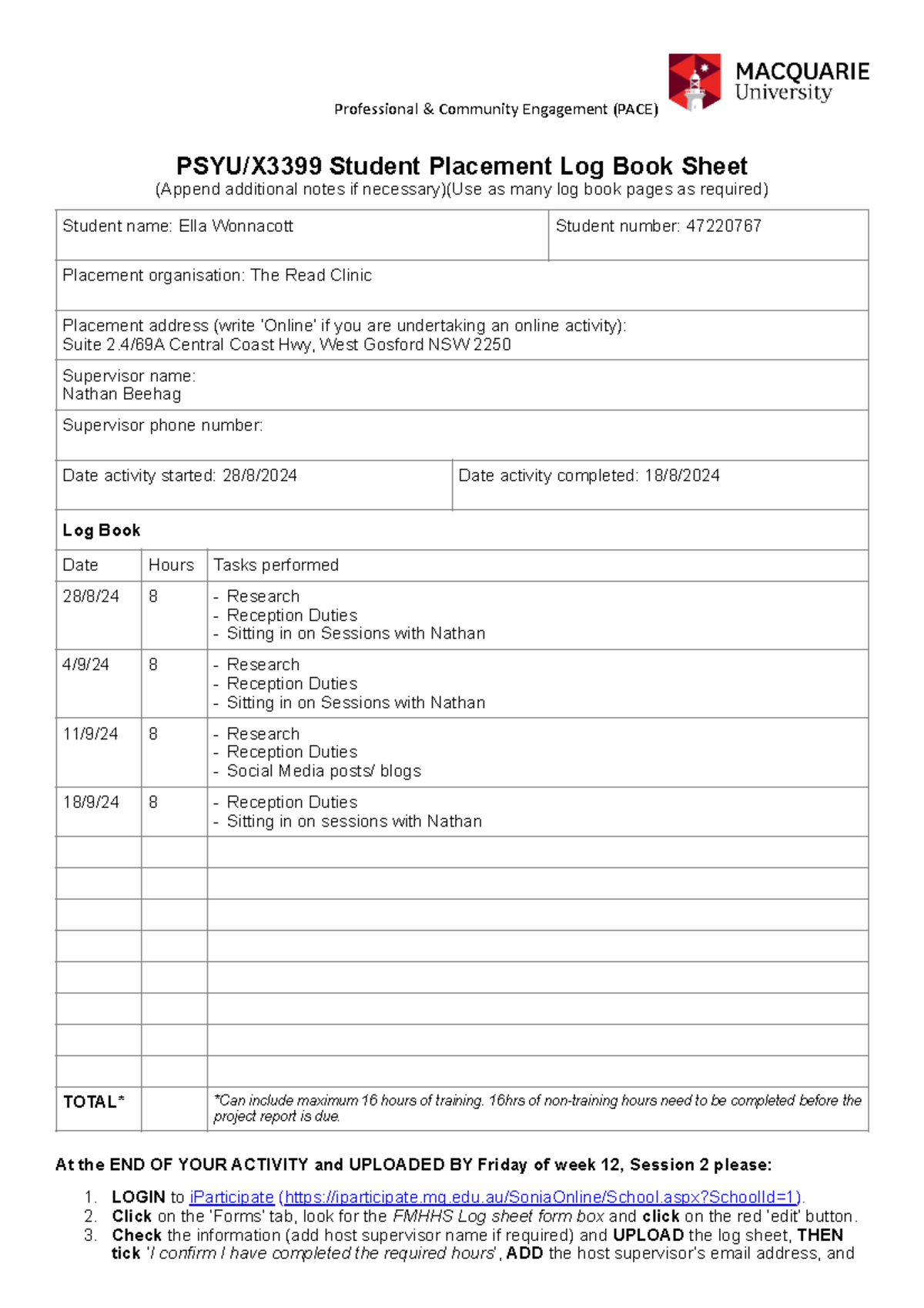 PSYU X3399 Log Book Sheet 2024 - Professional & Community Engagement ...