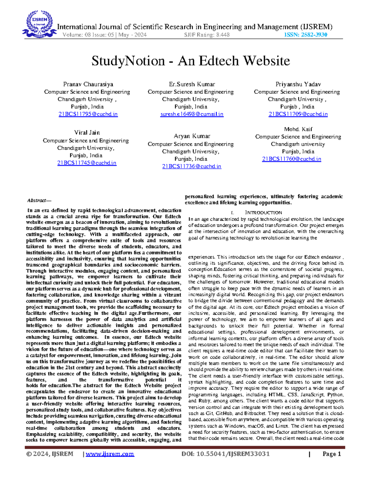 Studynotion An Edtech Website - Volume: 0 8 Issue: 05 | May - 2024 SJIF Rating: 8. 448 ISSN ...