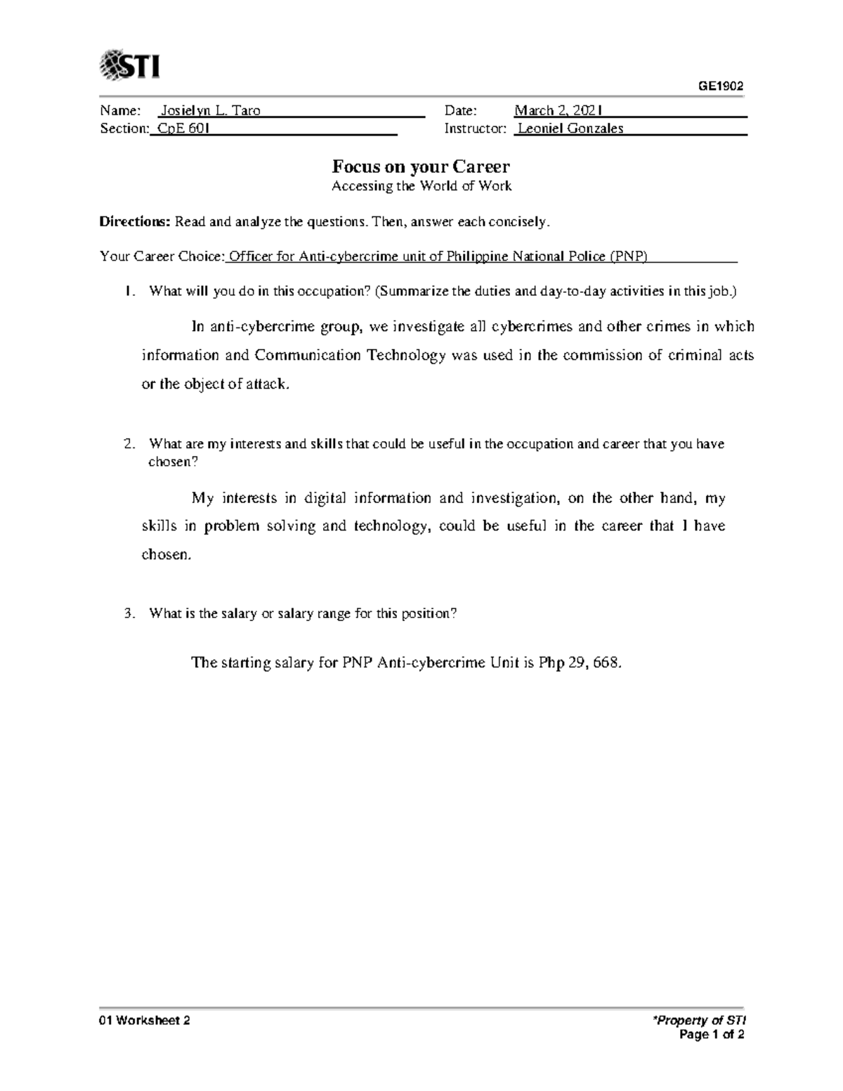 01 Worksheet 2 Focus On Your Career Taro - GE 01 Worksheet 2 *Property ...