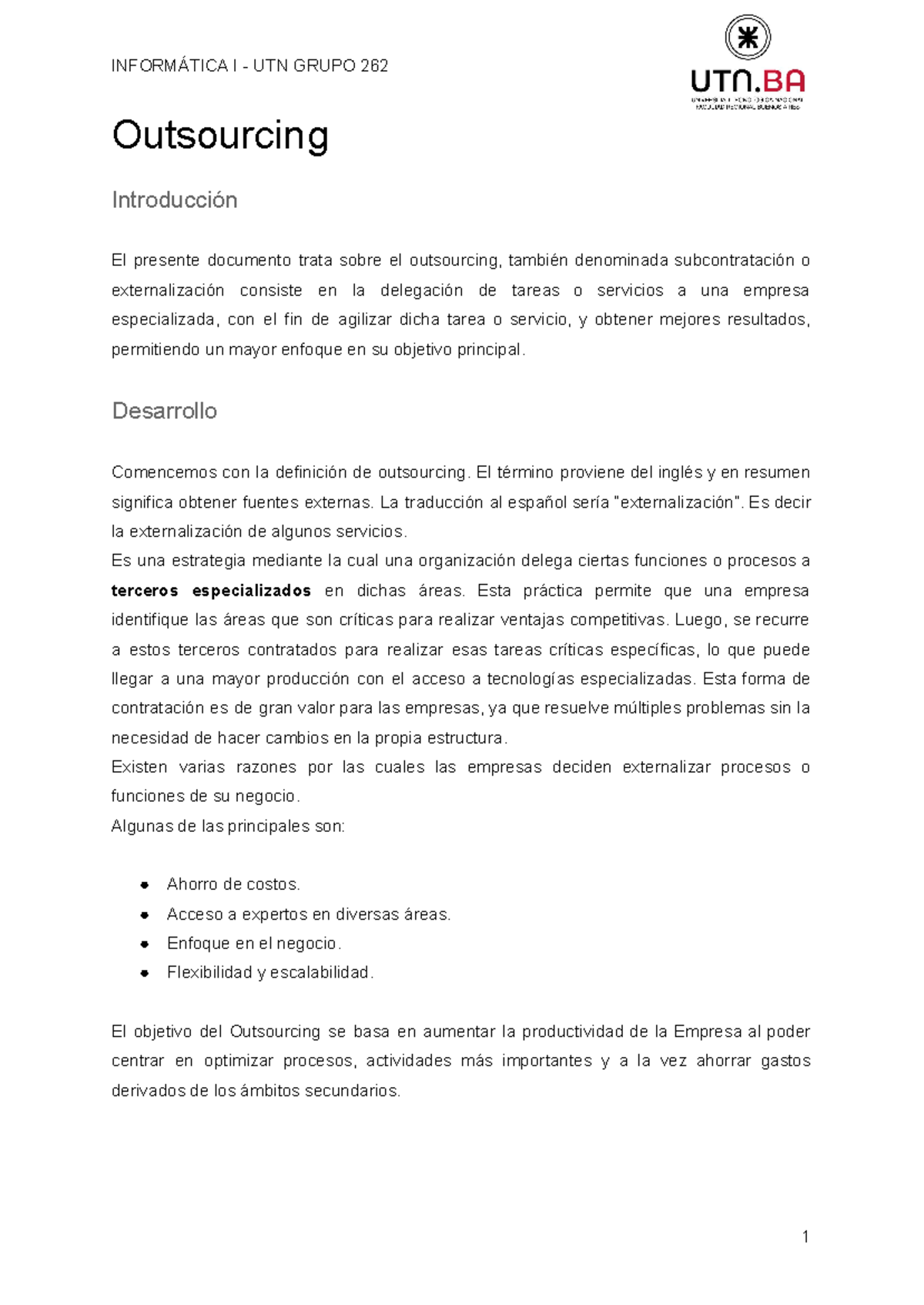 Que es el Outsourcing - Outsourcing Introducción El presente documento trata sobre el ...