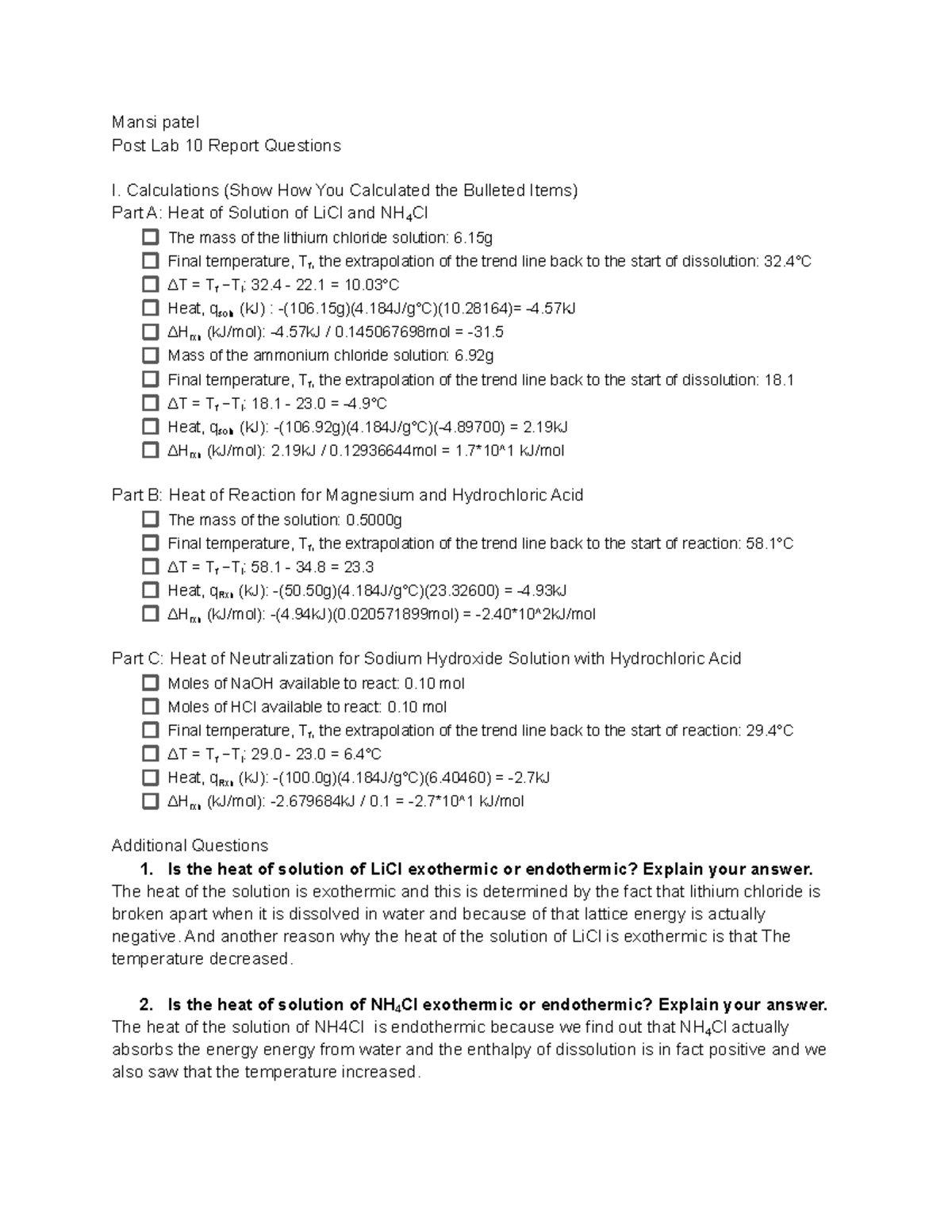 Post Lab 10 - Post Lab 10 - Mansi patel Post Lab 10 Report Questions I. Calculations (Show How ...